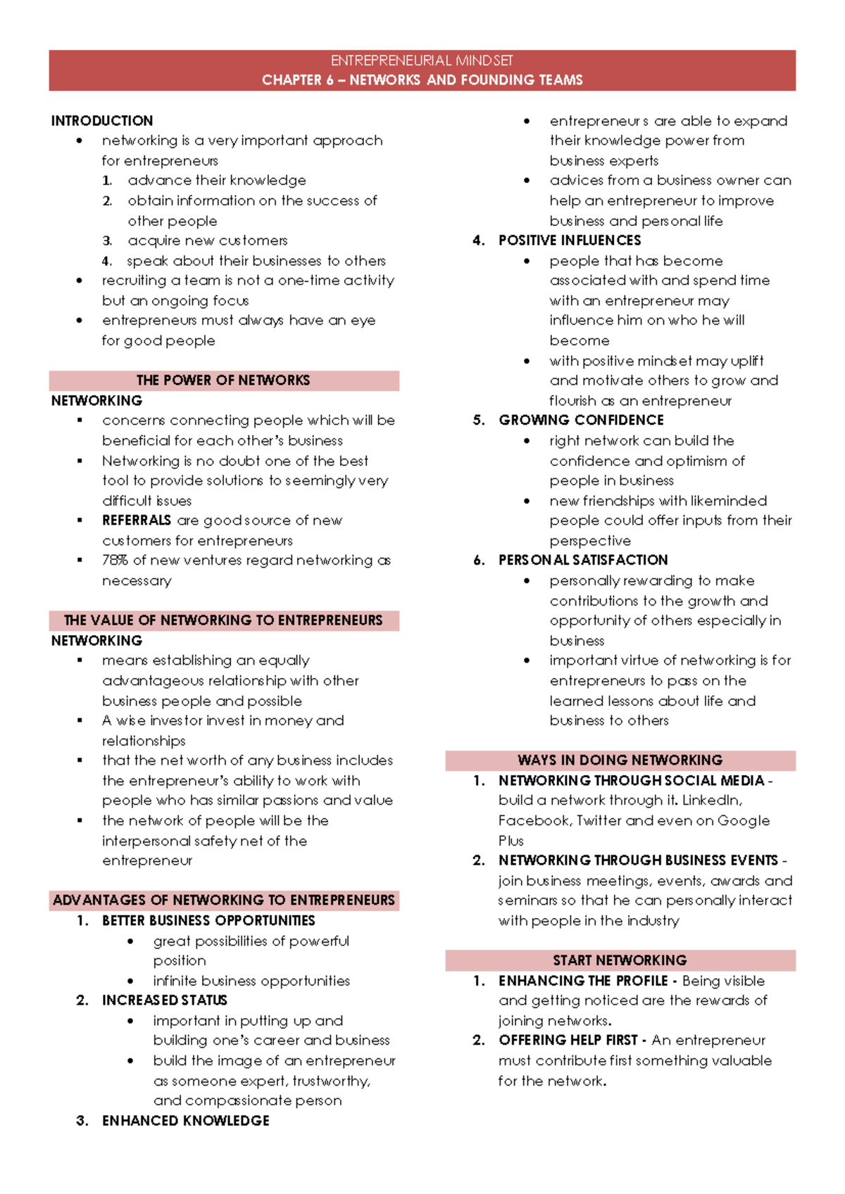 ENTREPRENEURIAL MINDSET – NETWORKS AND FOUNDING TEAMS - ENTREPRENEURIAL MINDSET CHAPTER 6 ...