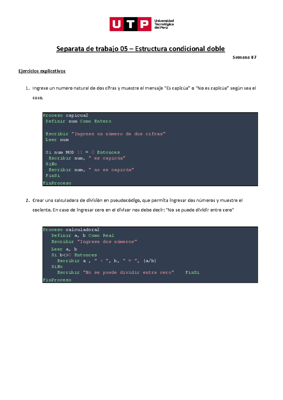 P. Algoritmicos S7 - Separata de trabajo 05 – Estructura condicional ...