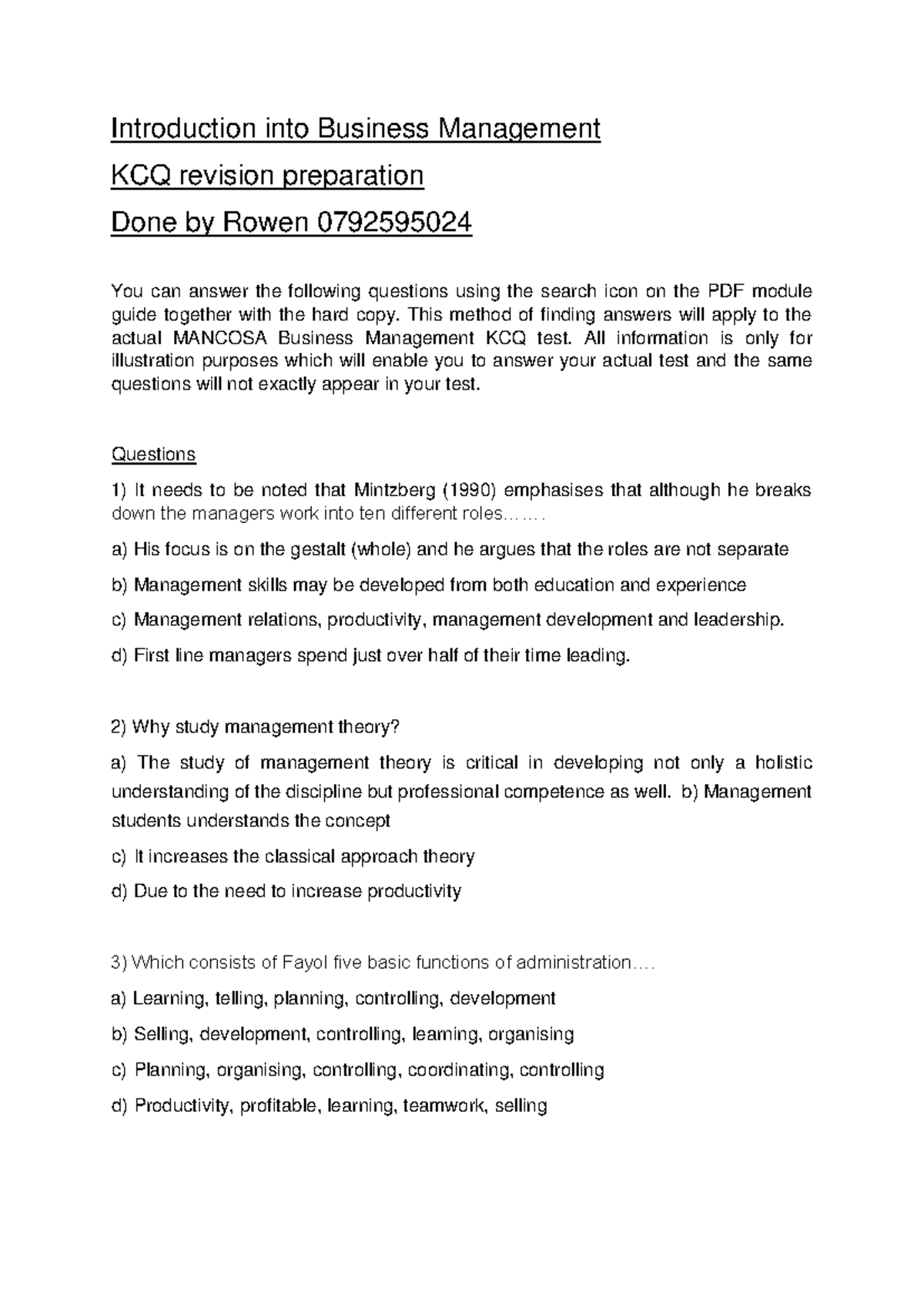 Introduction into Business Management KCQ Revision 1 - Introduction ...