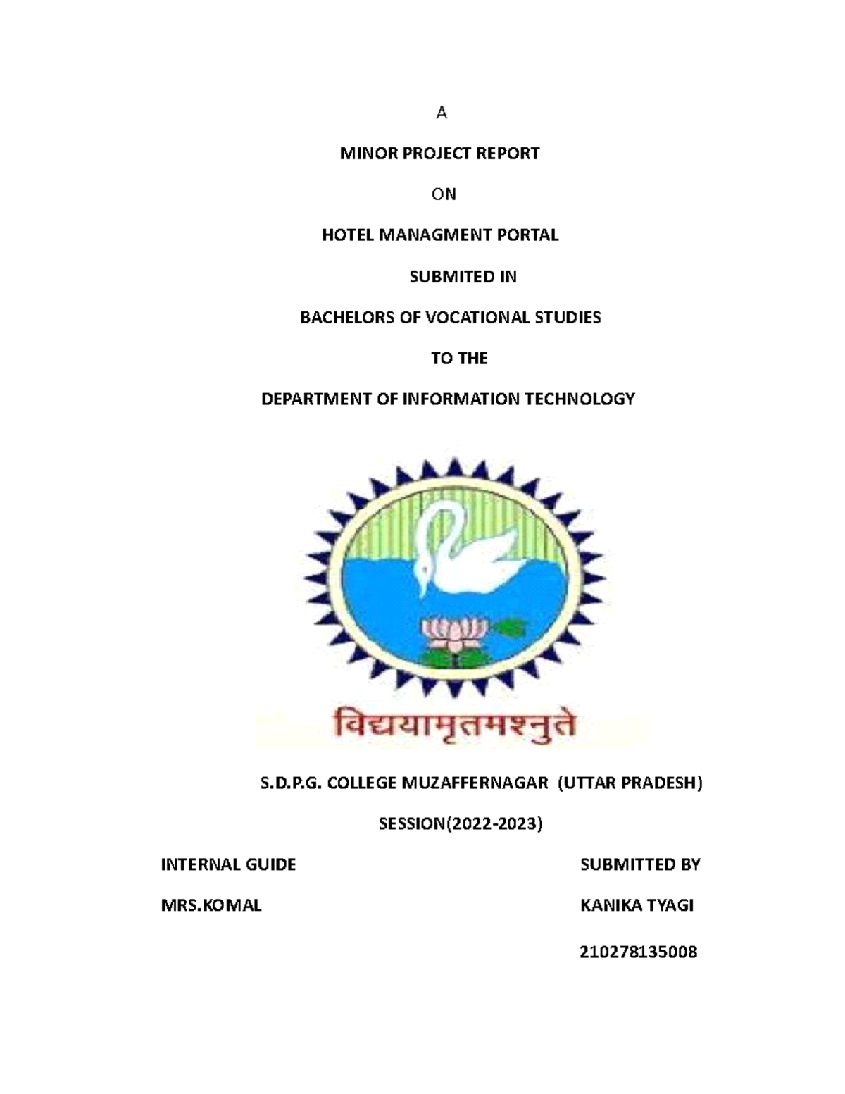 Hotel Managment Project - A MINOR PROJECT REPORT ON HOTEL MANAGMENT ...