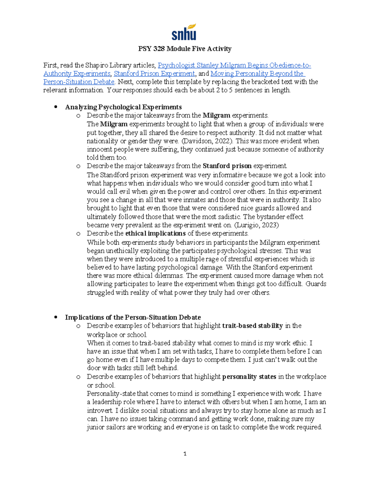 PSY 328 Module Five Activity - PSY 328 Module Five Activity First, read the Shapiro Library ...