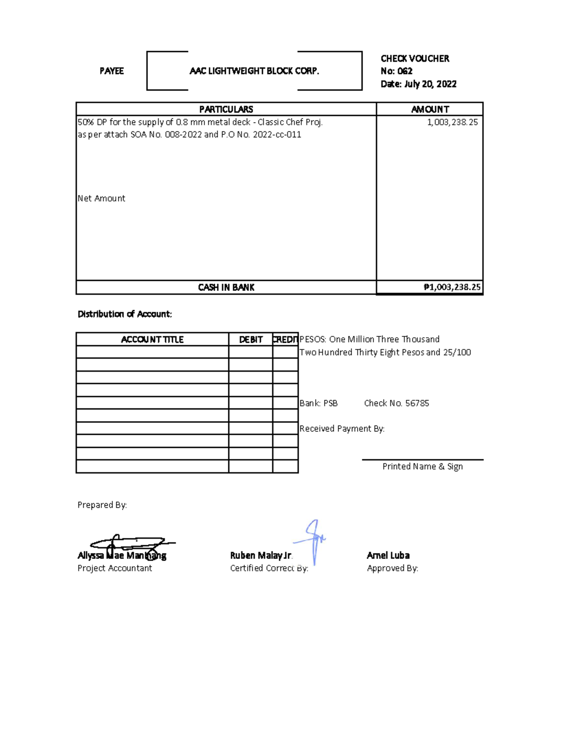 AAC-CC011-CV1 - BOOKKEEPING - CHECK VOUCHER No: 062 Date: July 20, 2022 ...