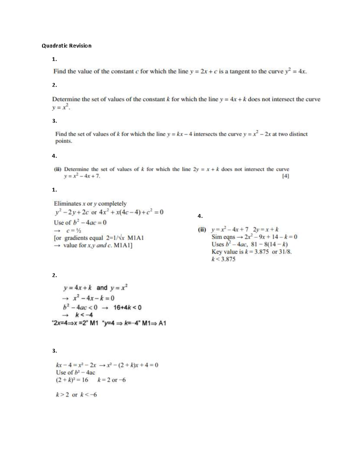 Quadratic Revision - Practice material - Calculus - Quadratic Revision ...