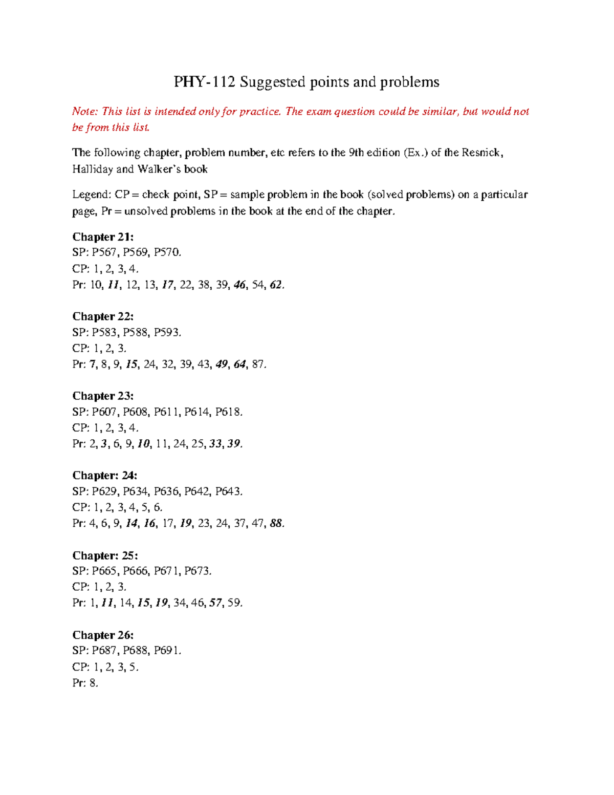 Suggested points and problems PHY 112 - PHY-112 Suggested points and problems Note: This list is ...