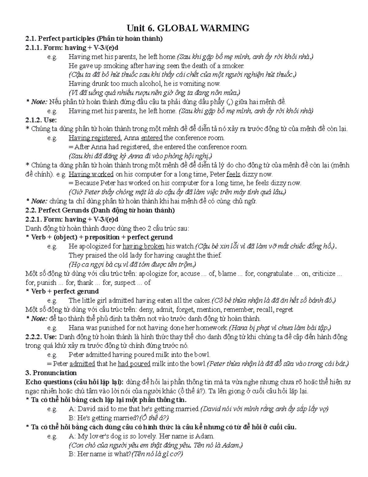 UNIT 6 - ok assignment for unit 6 - Unit 6. GLOBAL WARMING Perfect participles (Phân từ hoàn ...