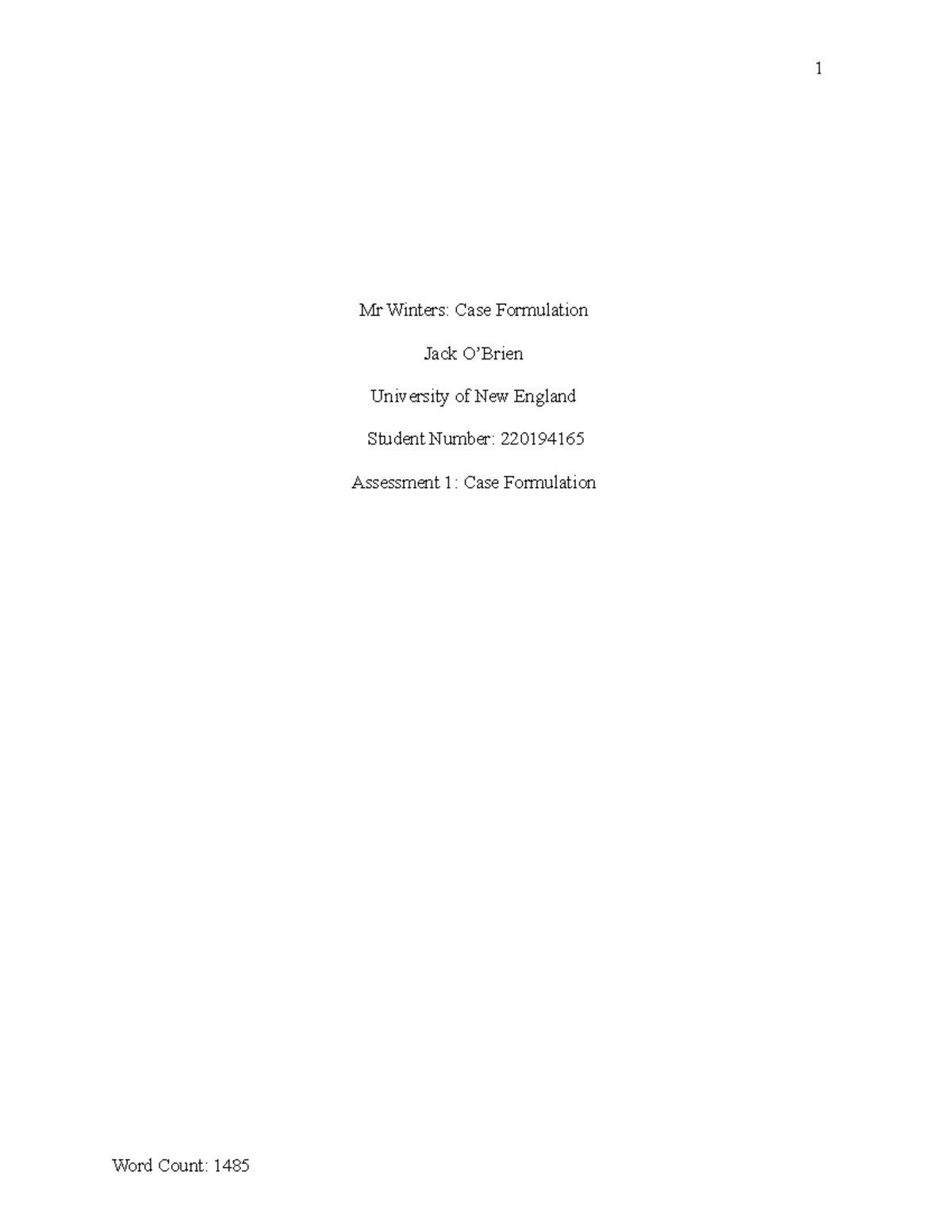 Mr Winters Case Formulation Assignment - Mr Winters: Case Formulation Jack O’Brien University of ...