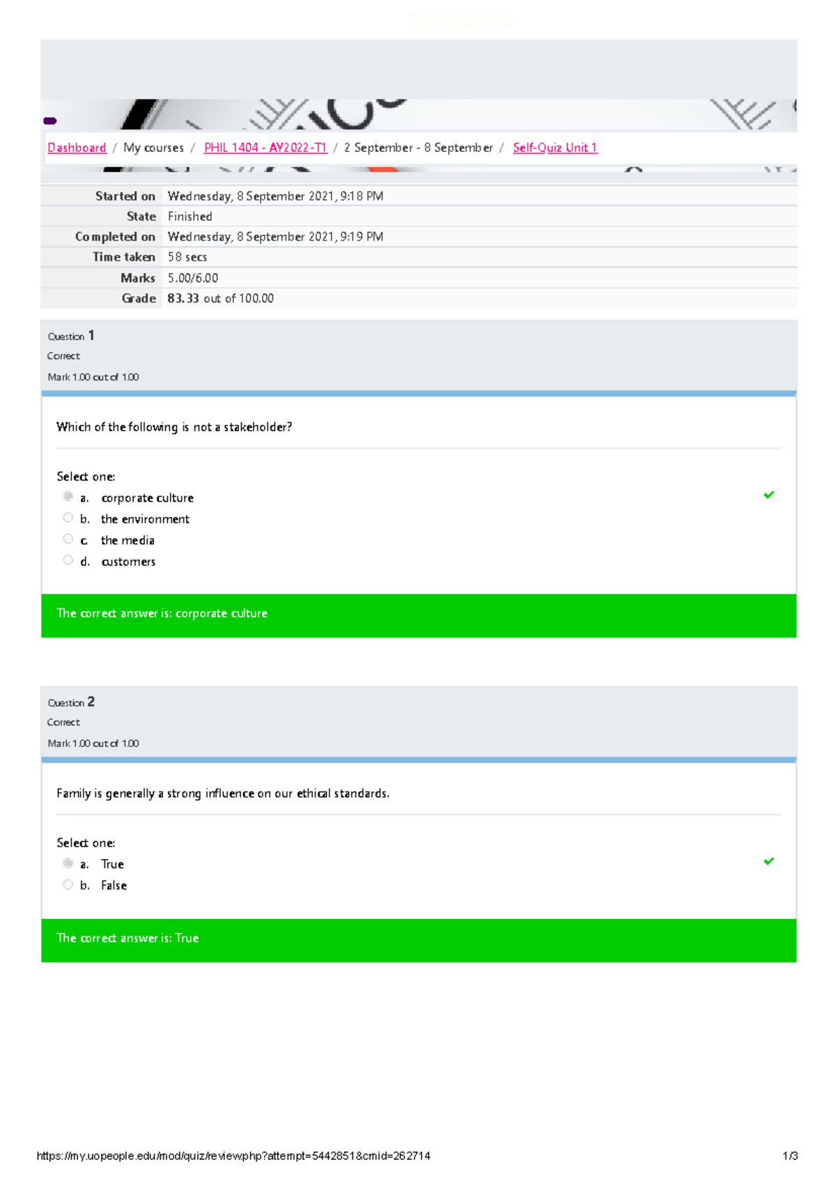 PHIL 1404 Unit 1 Self Quiz Unit 1 - Dashboard My courses PHIL 1404 2 September 8 September Unit ...