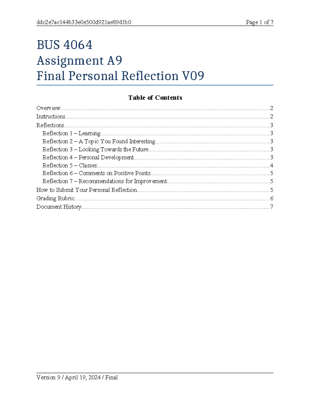 A9 BUS 4064 Assignment - Personal Reflection V09 - Table of Contents ...