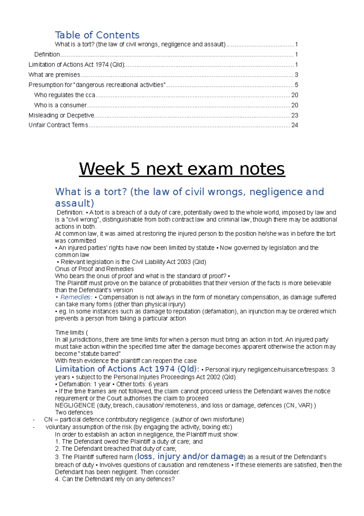 Notes week 5 law - Table of Contents What is a tort? (the law of civil ...