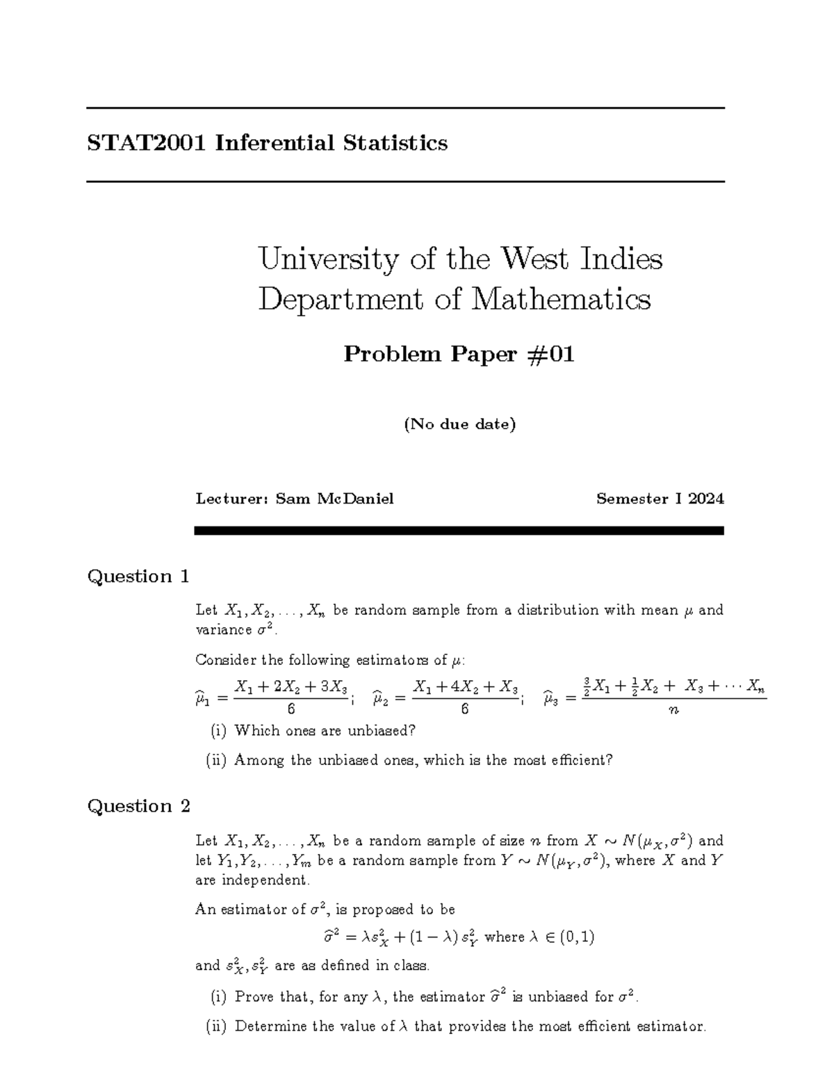 2024STAT2001 pp01 - stats practice - STAT2001 Inferential Statistics University of the West ...
