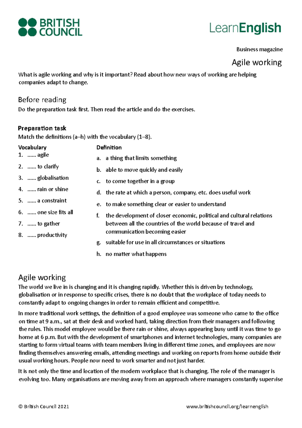 Reading comprehension - Business magazine Agile working What is agile ...