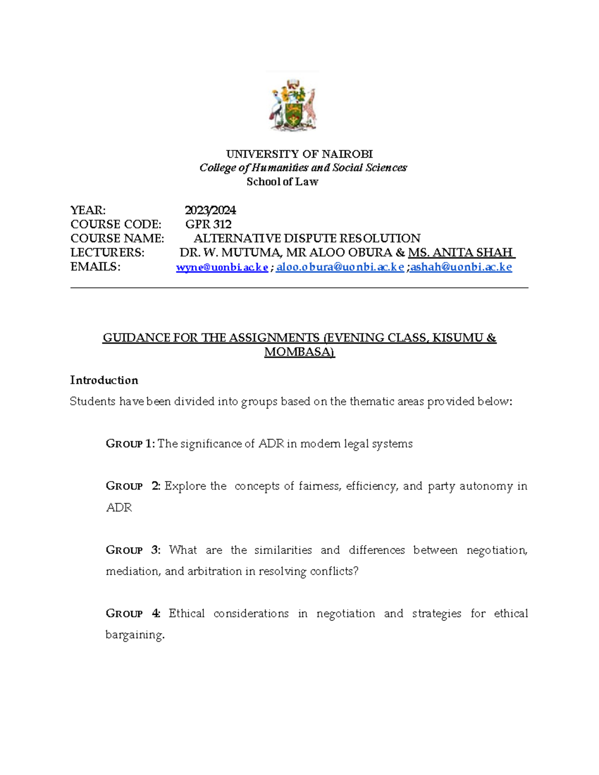 ADR CAT - UNIVERSITY OF NAIROBI College of Humanities and Social ...