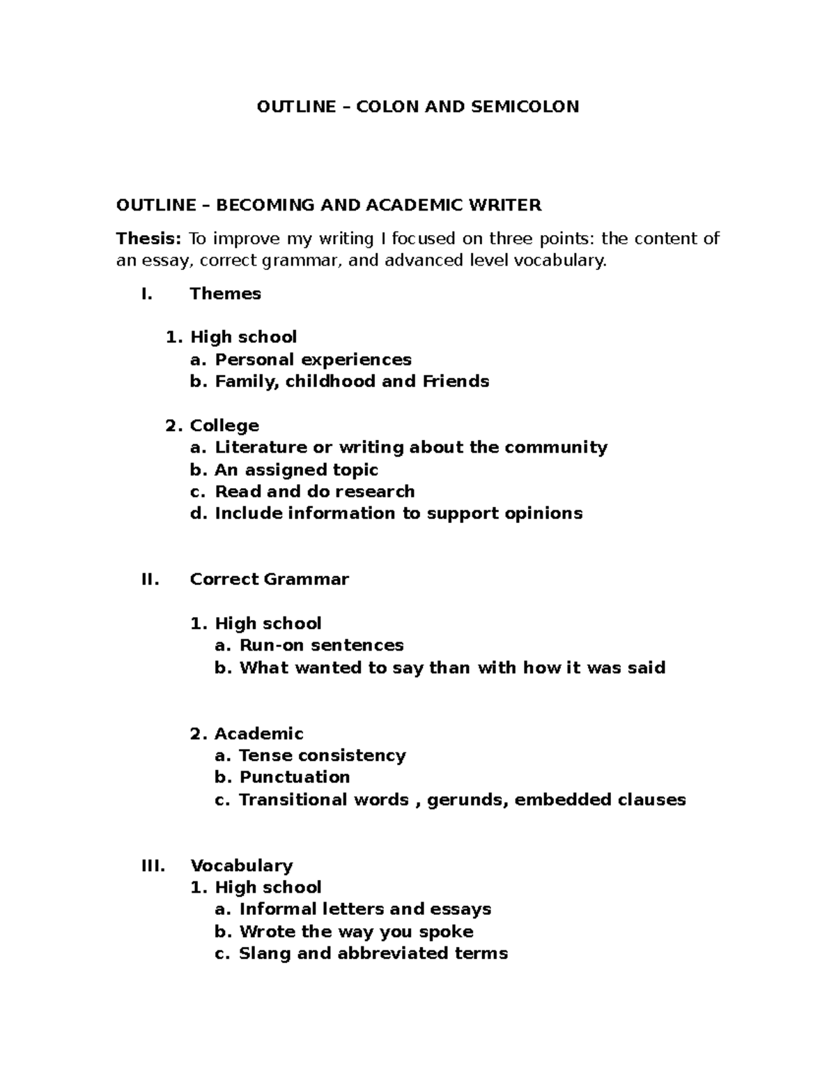 Colon Outline - OUTLINE – COLON AND SEMICOLON OUTLINE – BECOMING AND ...