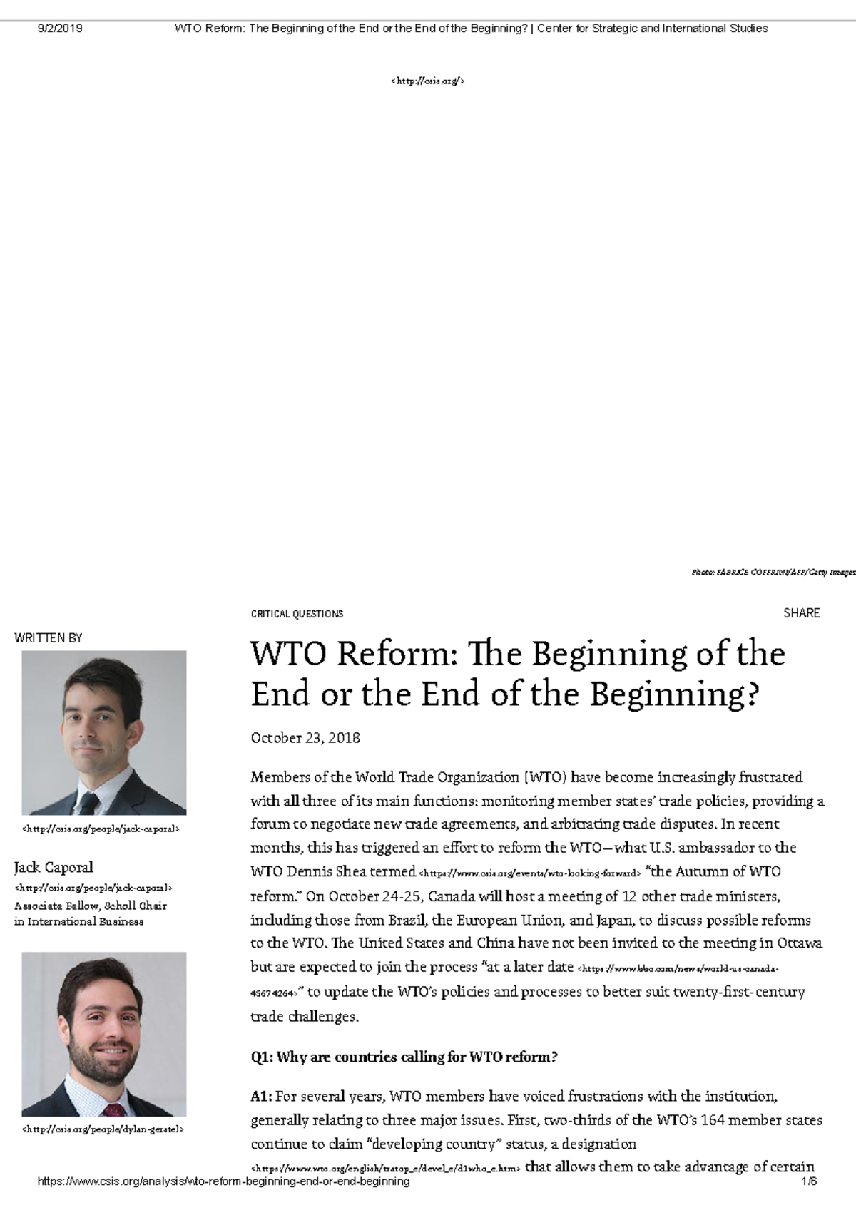 WTO Reform The Beginning of the End or the End of the Beginning Center ...