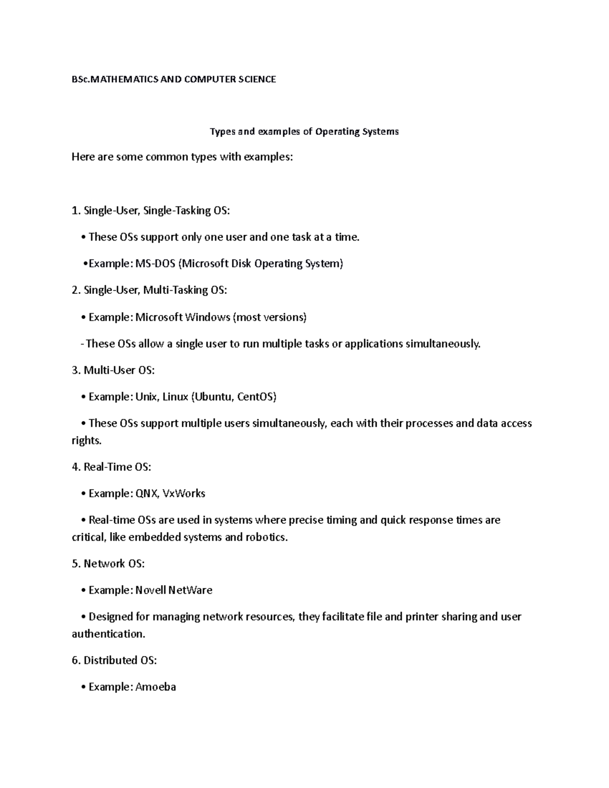 Ics 2202 Operating Systems Assignment 2 Bsc And Computer Science Types And Examples Of