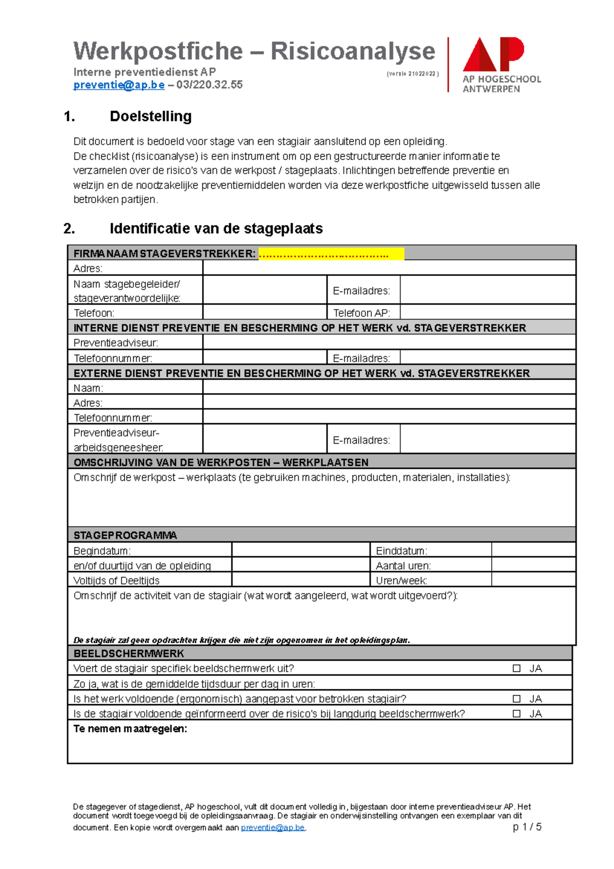 Sjabloon Werkpostfiche Risicoanalyse - Werkpostfiche – Risicoanalyse Interne preventiedienst AP ...