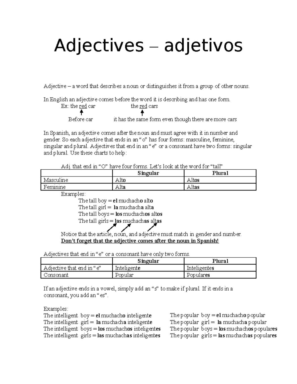 Adjective notes - Adjectives – adjetivos Adjective – a word that ...