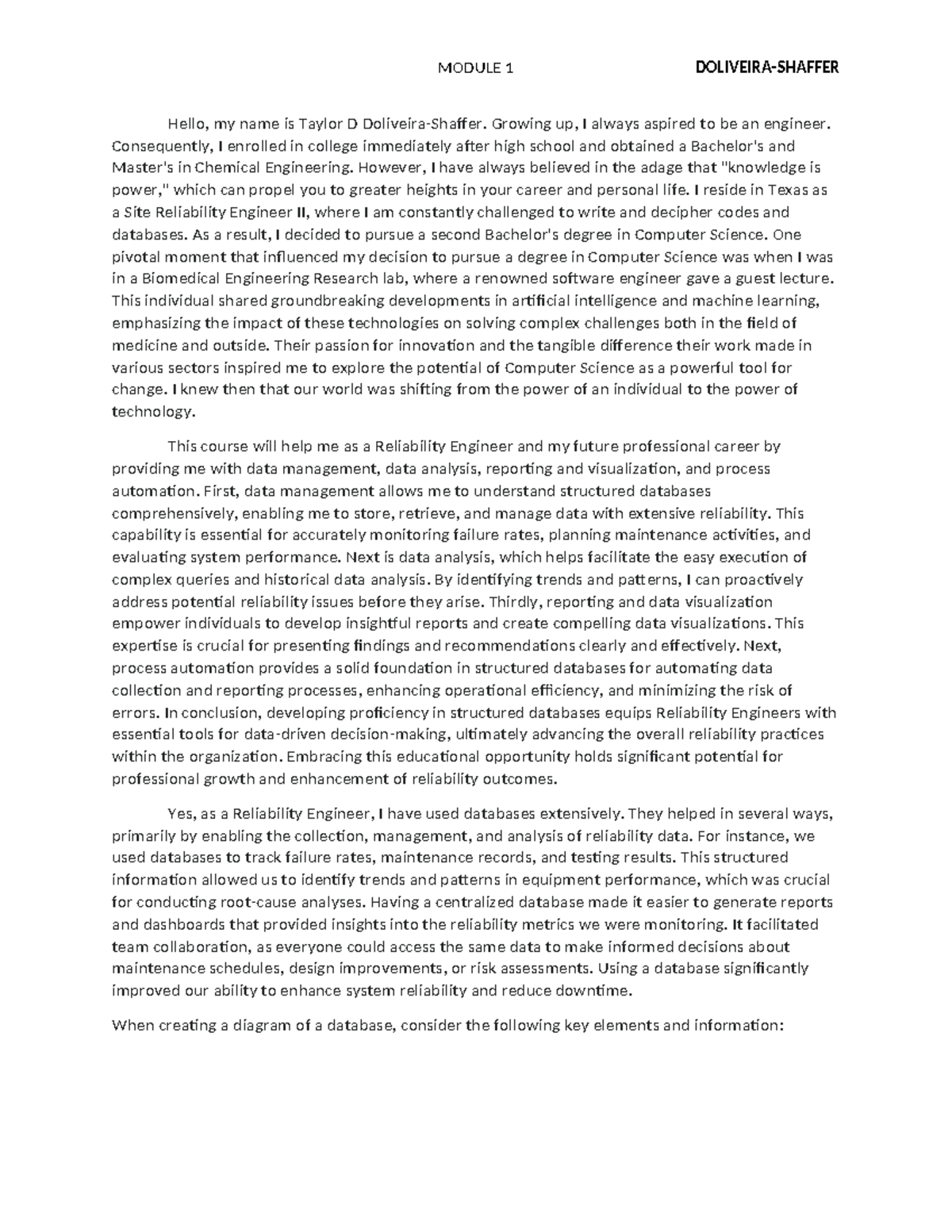 Module One TDDS Discussion - MODULE 1 DOLIVEIRA-SHAFFER Hello, my name ...