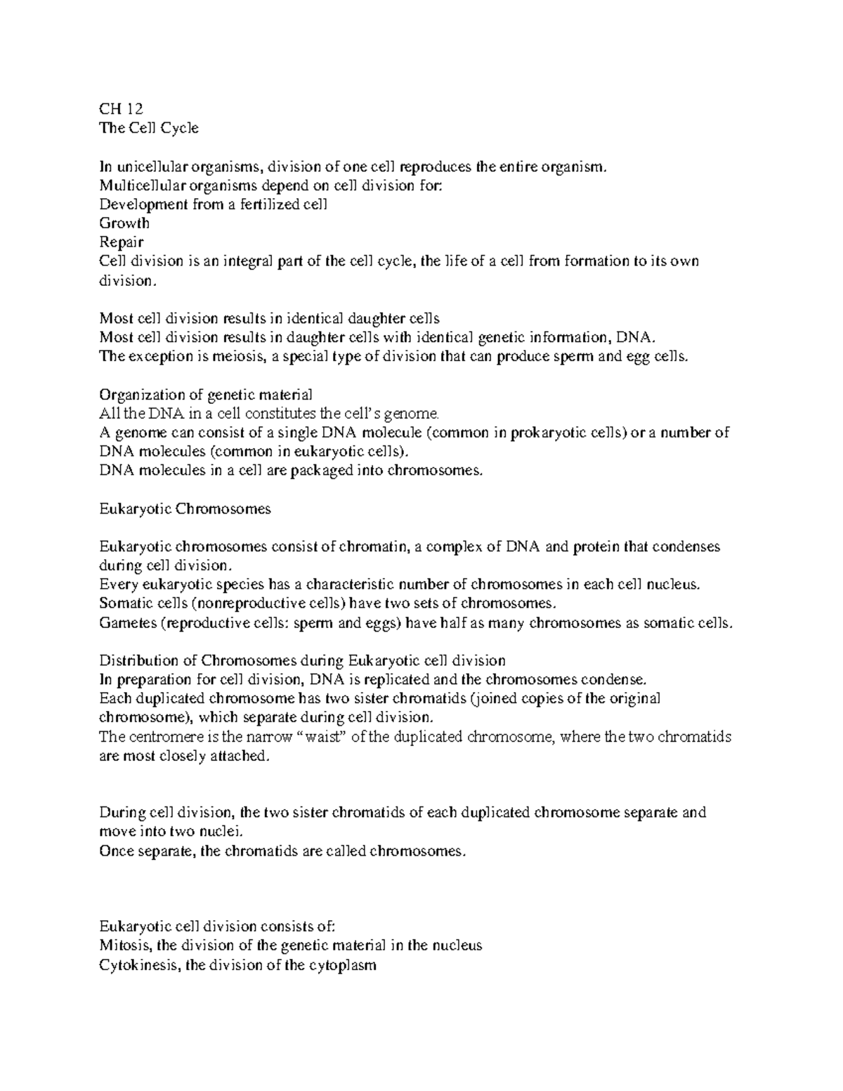 Ch12notes - biology 101 lecture notes - CH 12 The Cell Cycle In ...