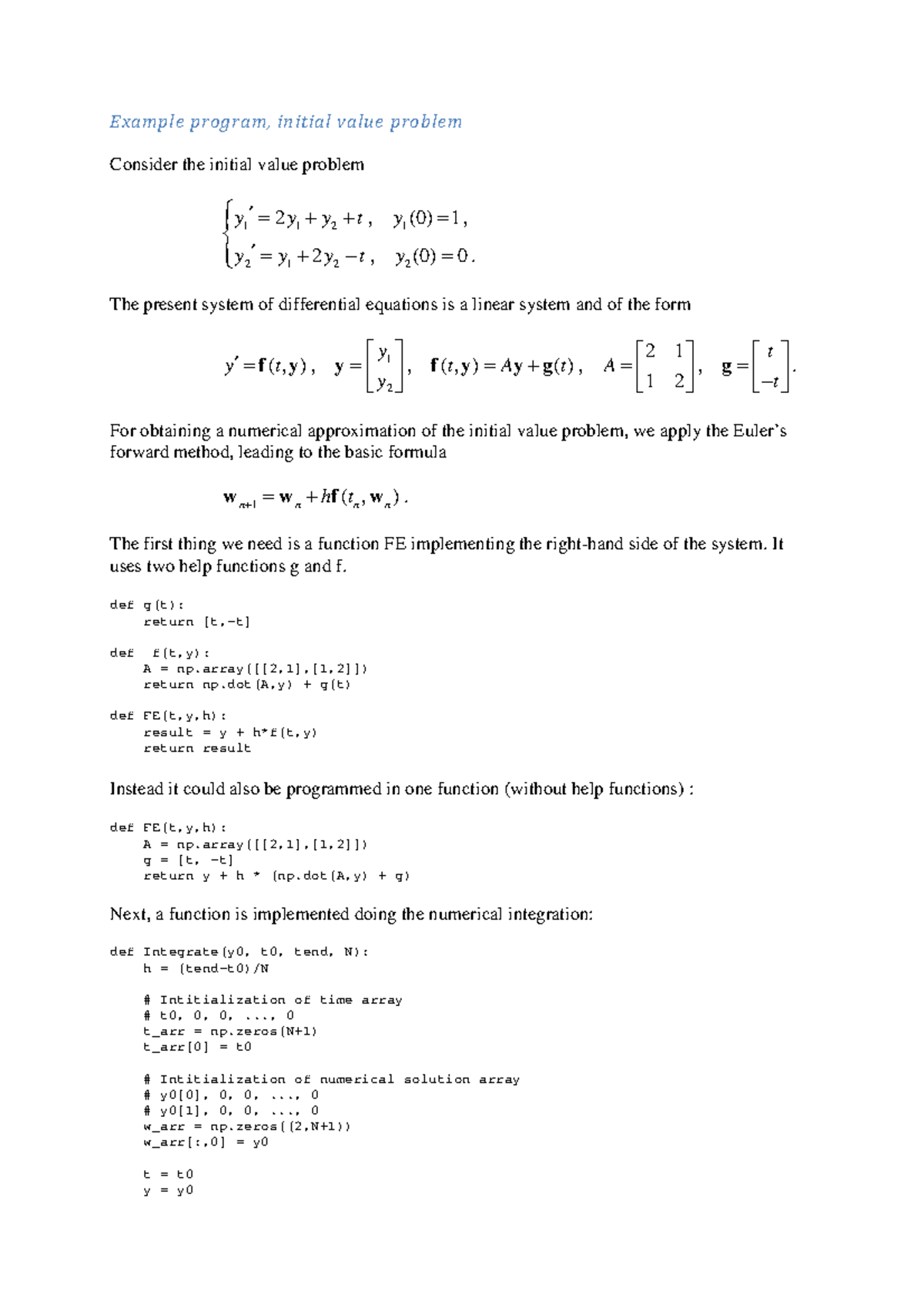 Initial value problem - Python Example 1 - Example program, initial ...