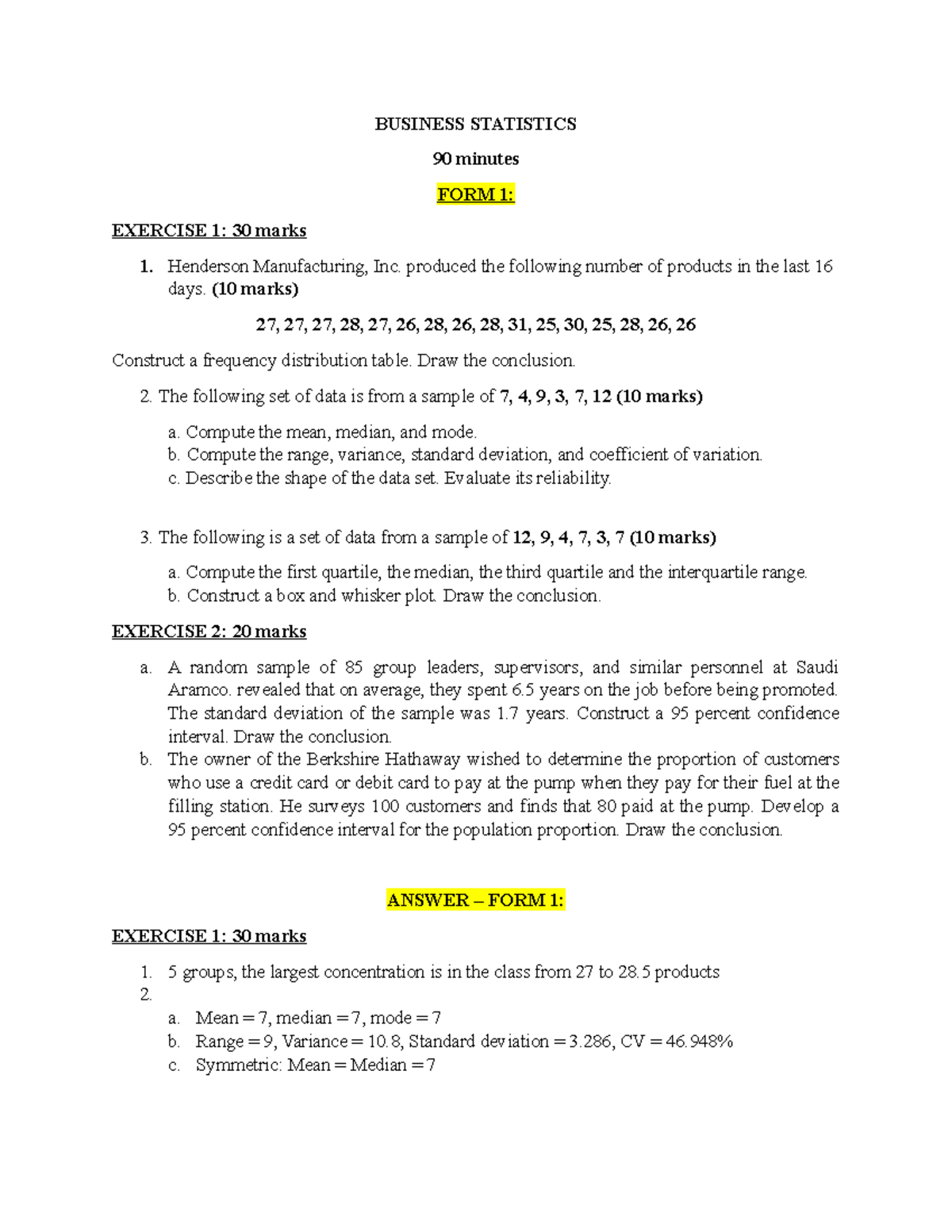 Answer key-Short Questions - BUSINESS STATISTICS 90 minutes FORM 1 ...