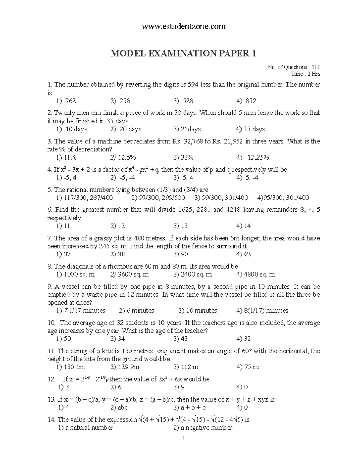 (www.entrance-exam.net)-MCA Model Paper 1 - MODEL EXAMINATION PAPER 1 ...