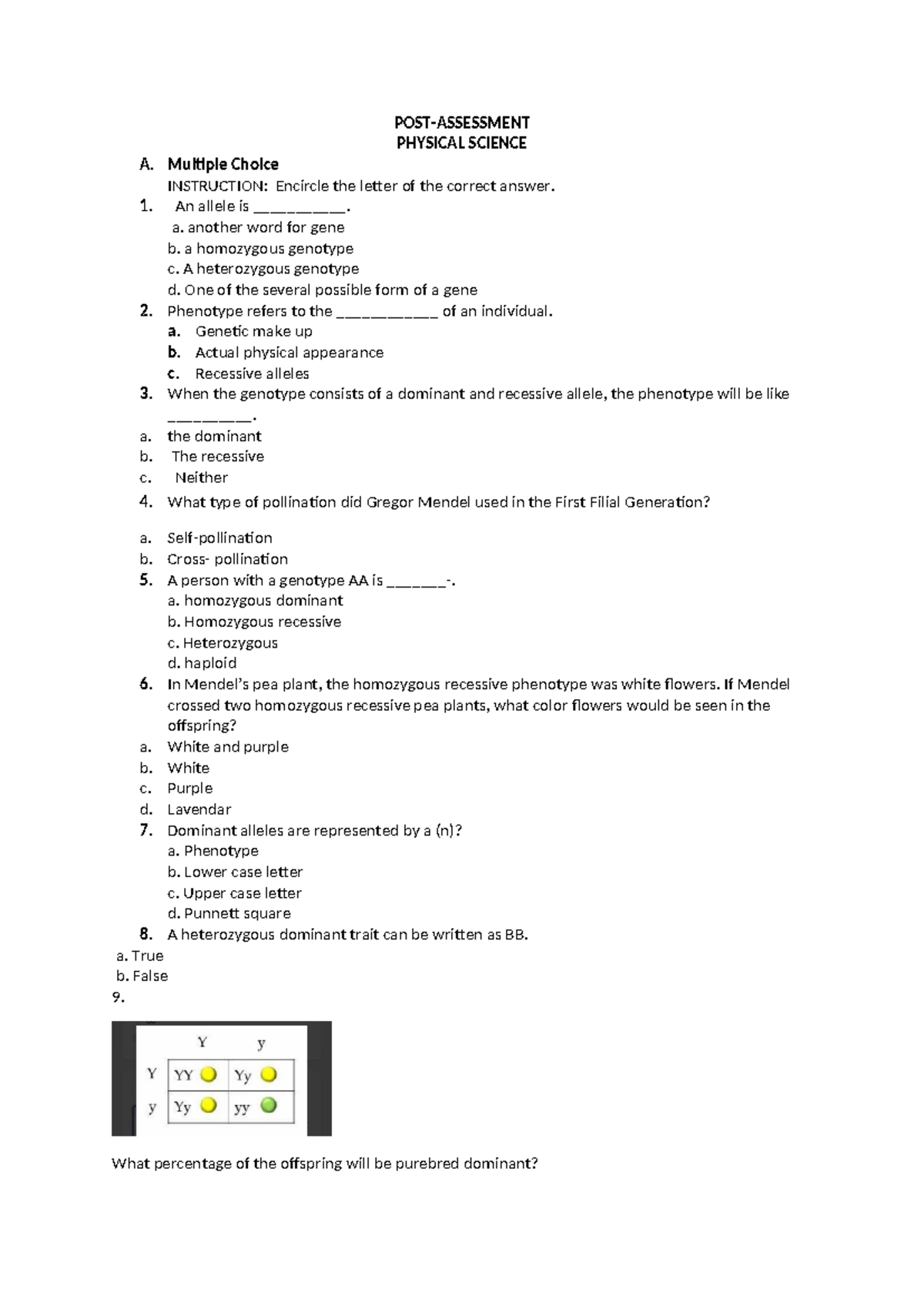 POST-assessment - For summative Quiz - POST-ASSESSMENT PHYSICAL SCIENCE ...