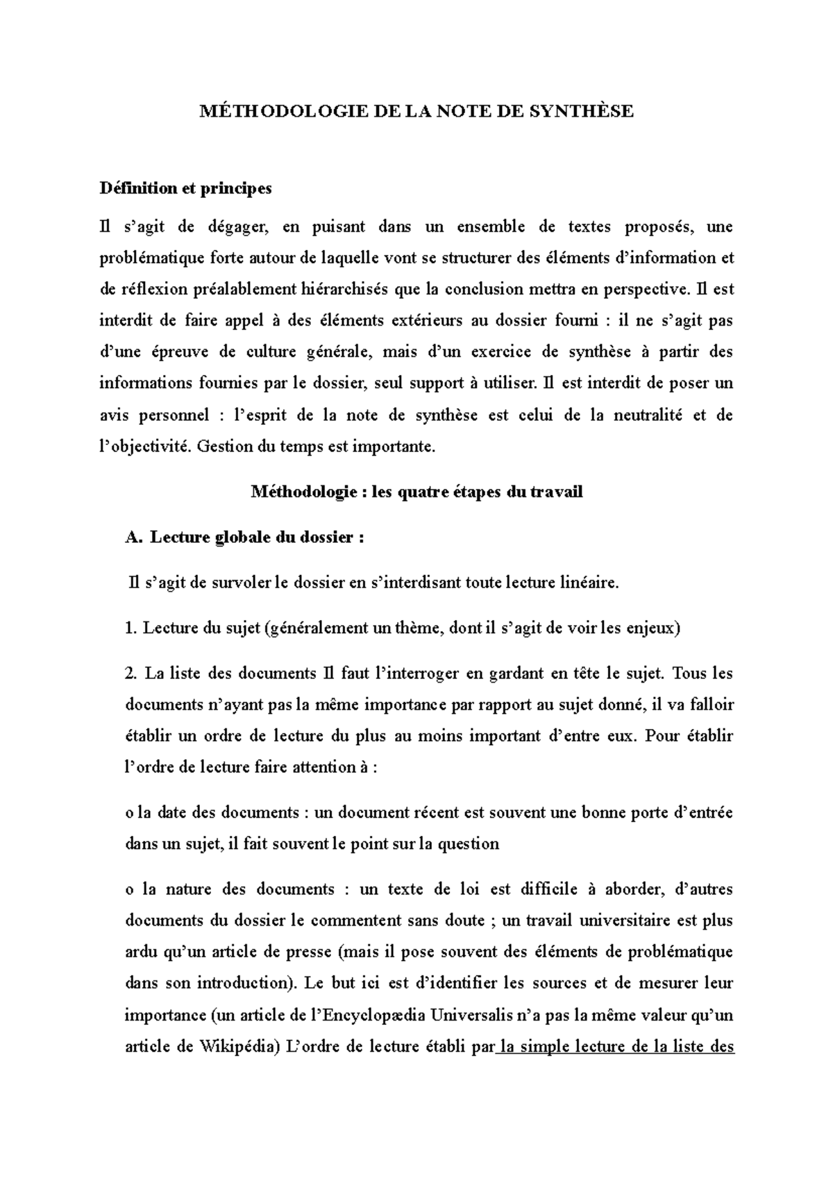 LA Notee DE Synthèse - MÉTHODOLOGIE DE LA NOTE DE SYNTHÈSE Définition ...