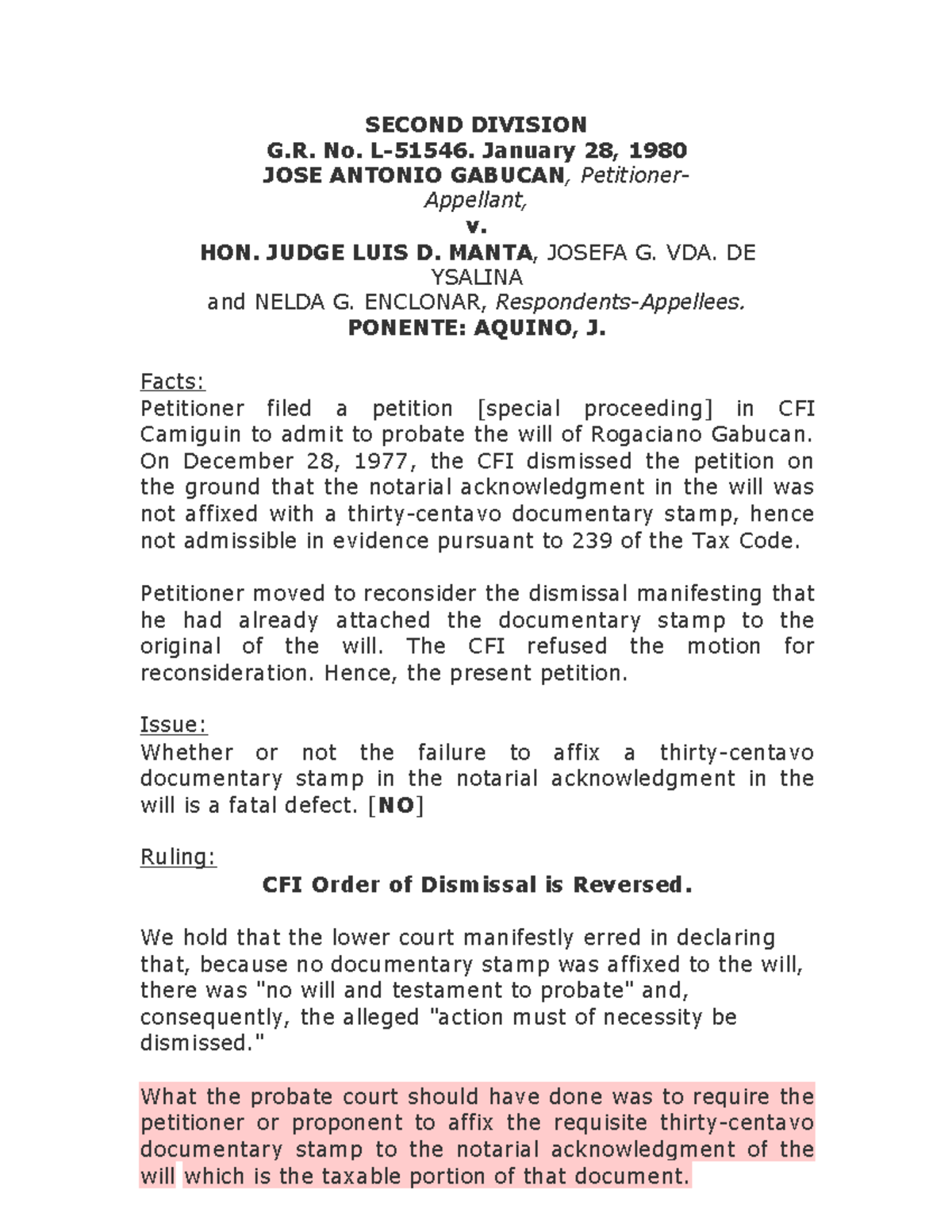 Gabucan v. manta - CORPORATION LAW - SECOND DIVISION G. No. L-51546 ...