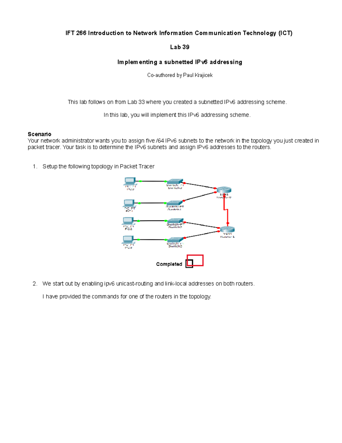 Lab 39 (IPv6 - Implement a subnetted IPv6 addressing) - IFT 266 Introduction to Network ...