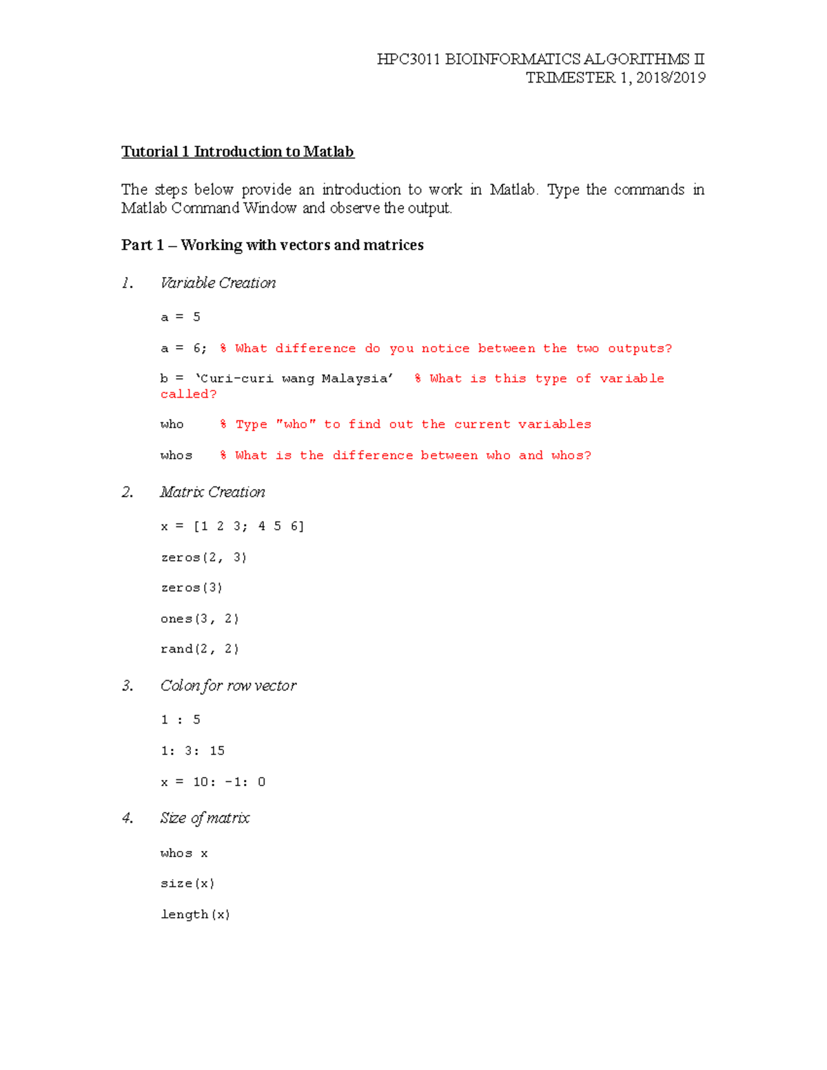 217919 Tutorial 1 Introduction To Matlab Hpc3011 Bioinformatics Algorithms Ii Trimester 1