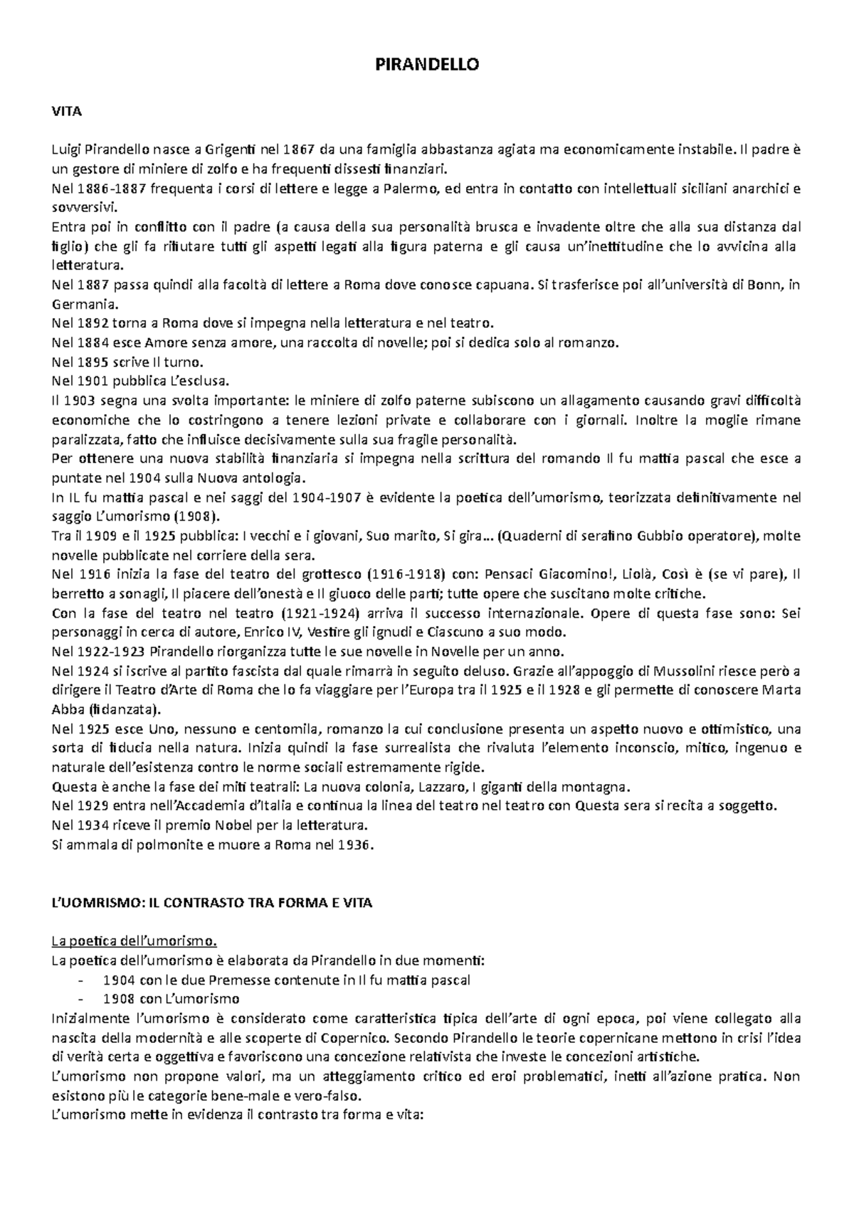 Pirandello - appunti - PIRANDELLO VITA Luigi Pirandello nasce a Grigenti nel 1867 da una ...