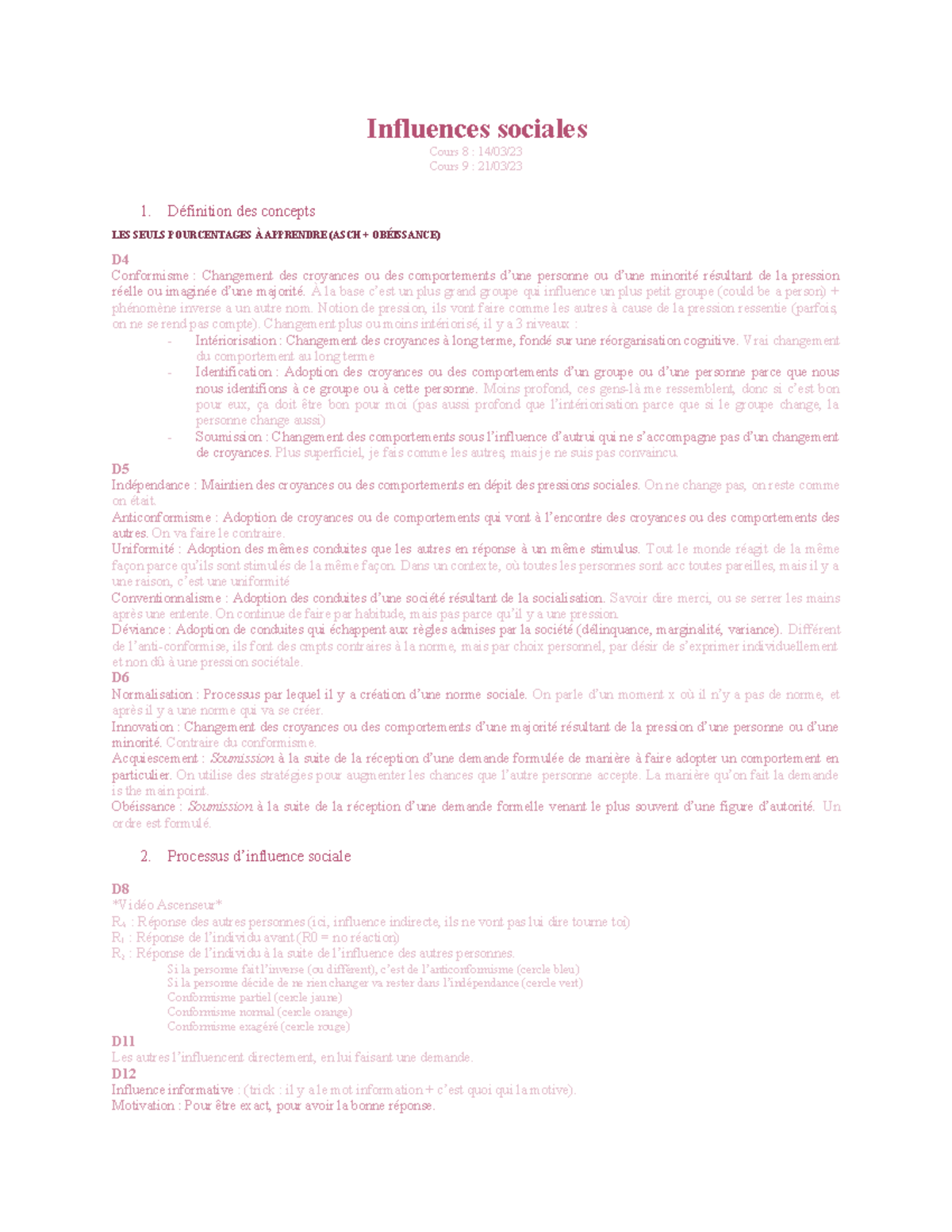 Influences sociales - just class notes - Influences sociales Cours 8 : ...