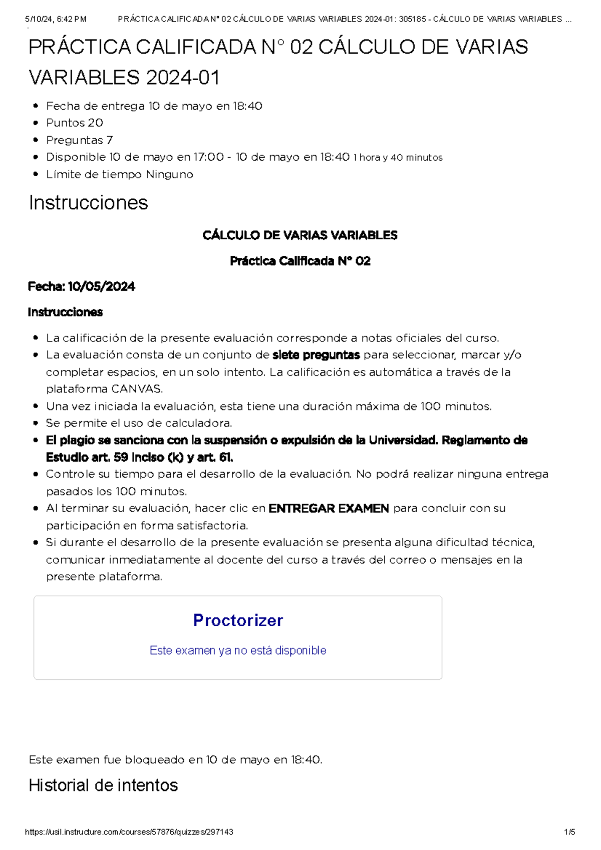 Práctica Calificada N° 02 Cálculo DE Varias Variables 2024-01 305185 - Cálculo DE Varias ...