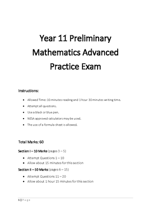 Year 11 preliminary advanced mathematics practice paper with solutions ...