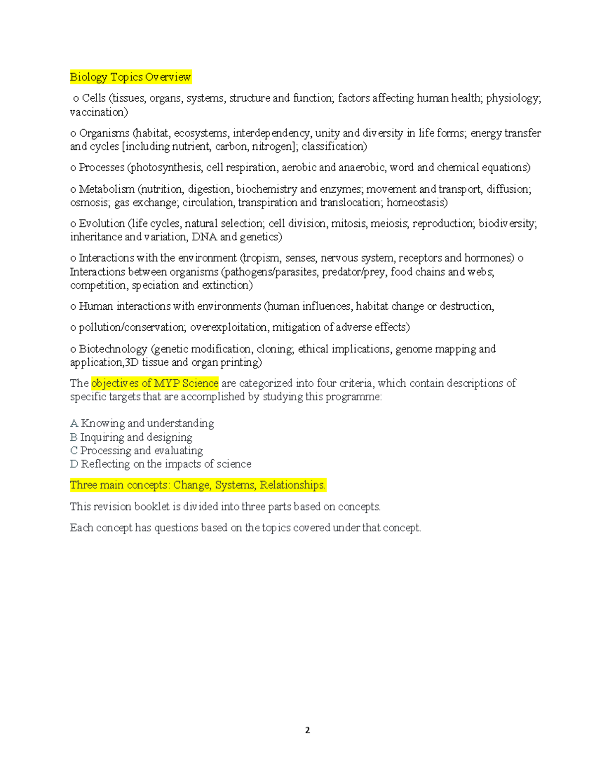 Biology revision booklet - Biology Topics Overview o Cells (tissues ...