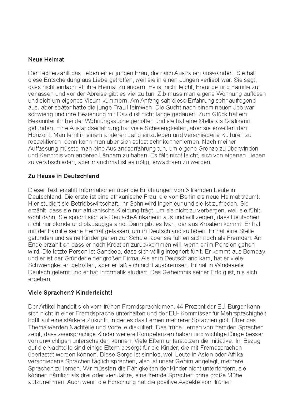 Riassunti testi aspekte neu B2 - Neue Heimat Der Text erzählt das Leben ...