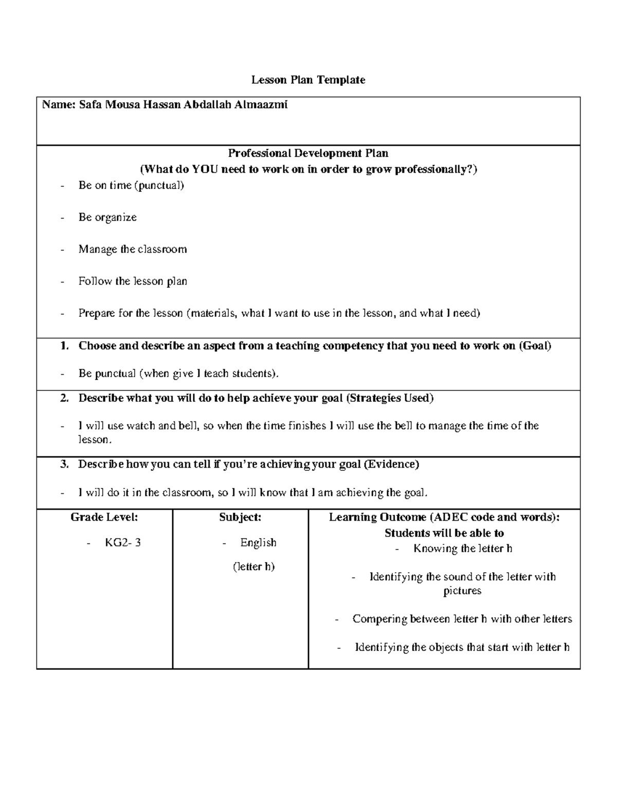 Lesson-plan-letter-h compress - Lesson Plan Template Name: Safa Mousa ...