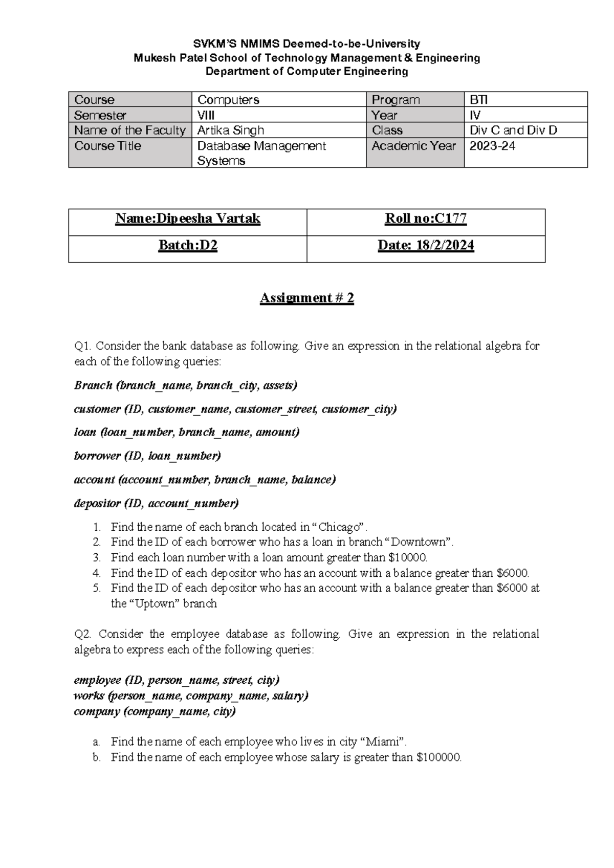 C177 DBMS Assignment 2 - notes on dbms - Mukesh Patel School of ...