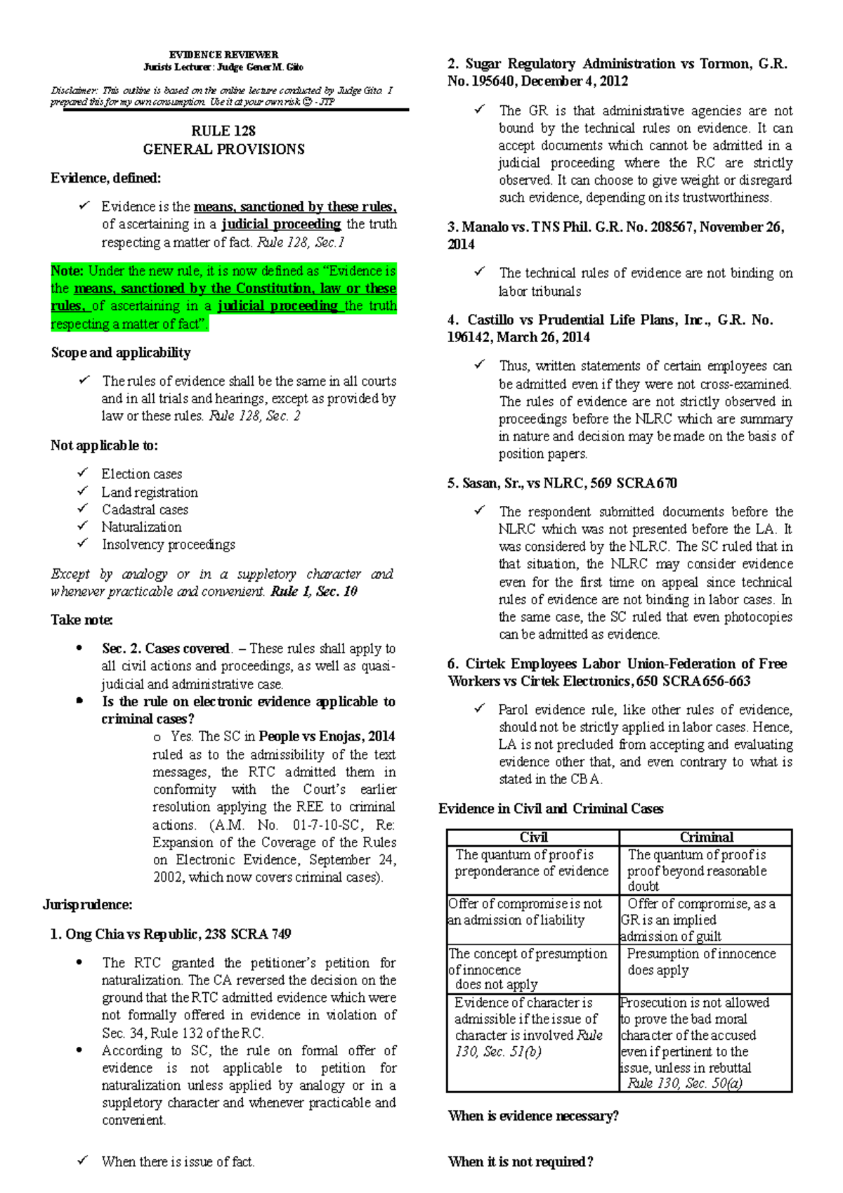 Evidence-gener-gito - Criminology Lecture - EVIDENCE REVIEWER Jurists ...