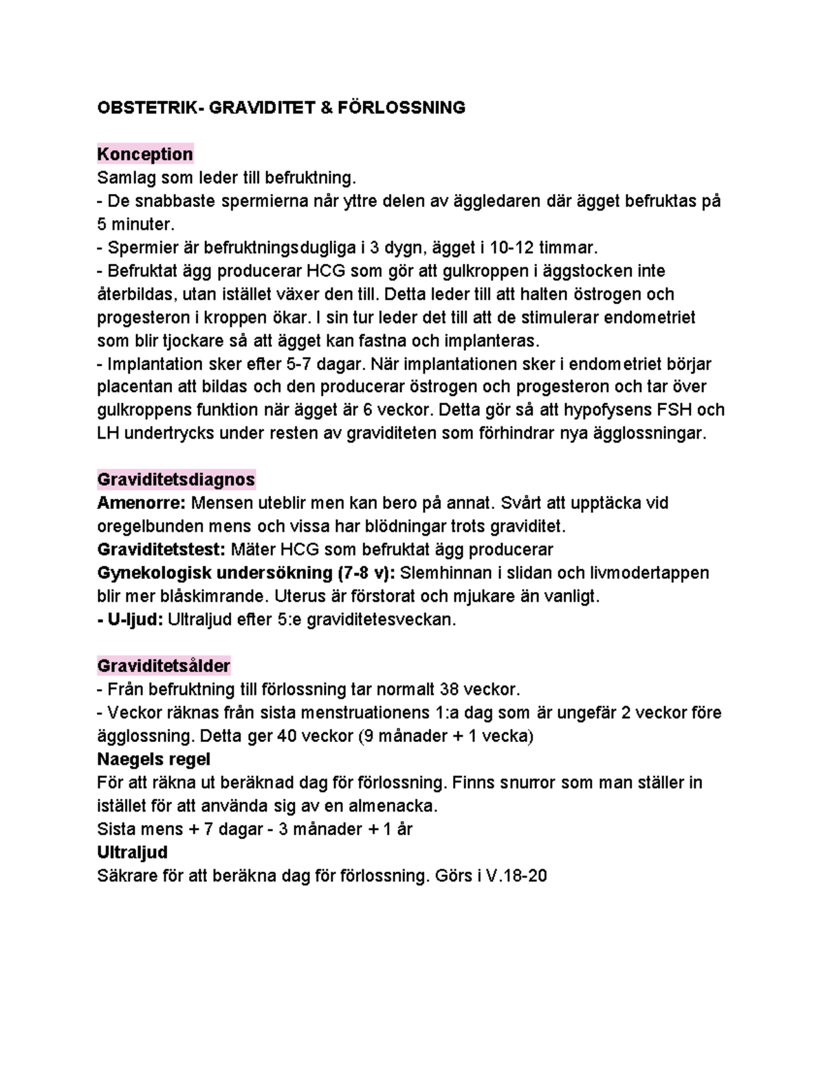 O0096H- Obstetrik - OBSTETRIK- GRAVIDITET & FÖRLOSSNING Konception ...