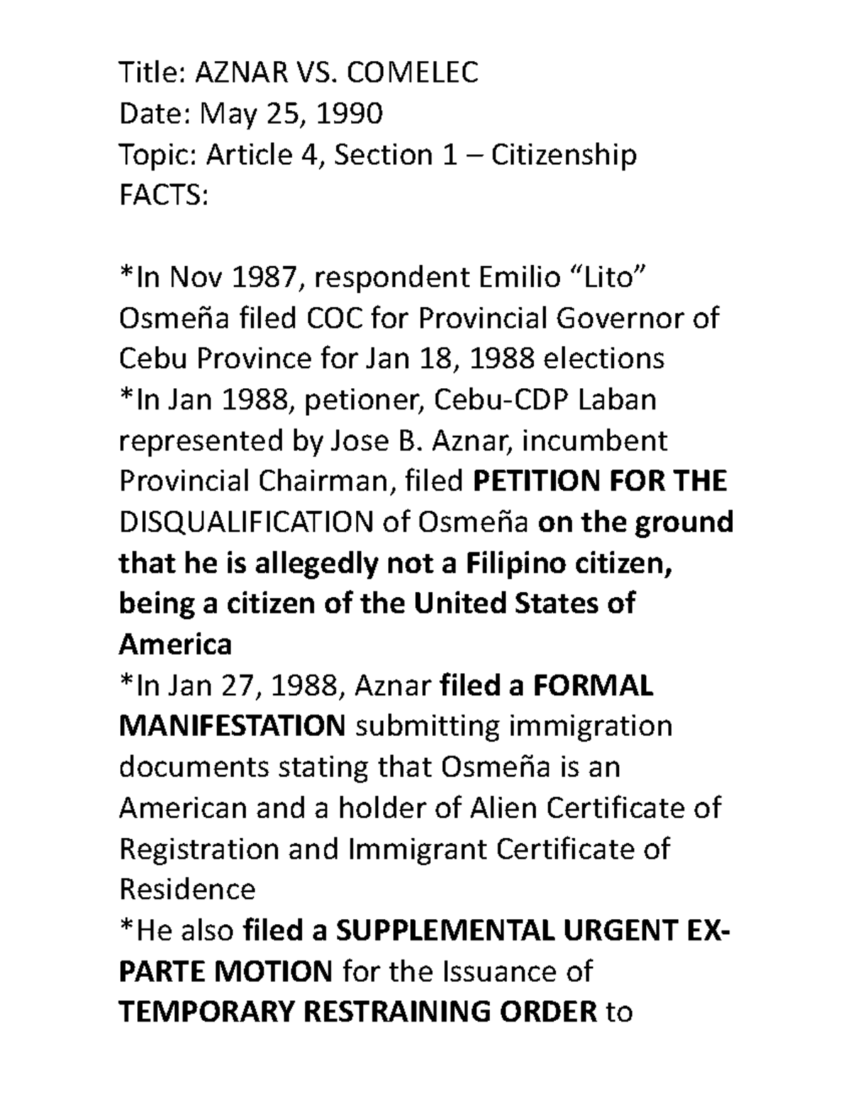 Case digest of Cases Related to Citizenship - Title: AZNAR VS. COMELEC ...