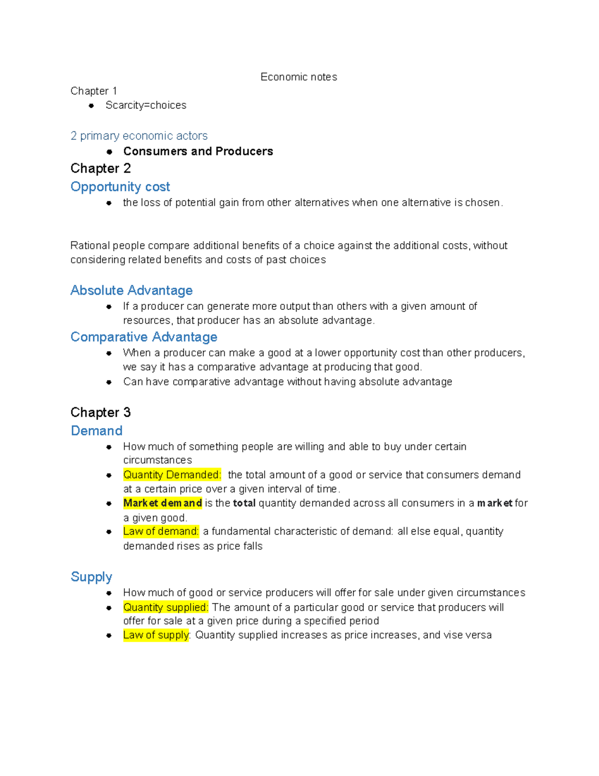 Econ - macro summary - Economic notes Chapter 1 Scarcity=choices 2 ...
