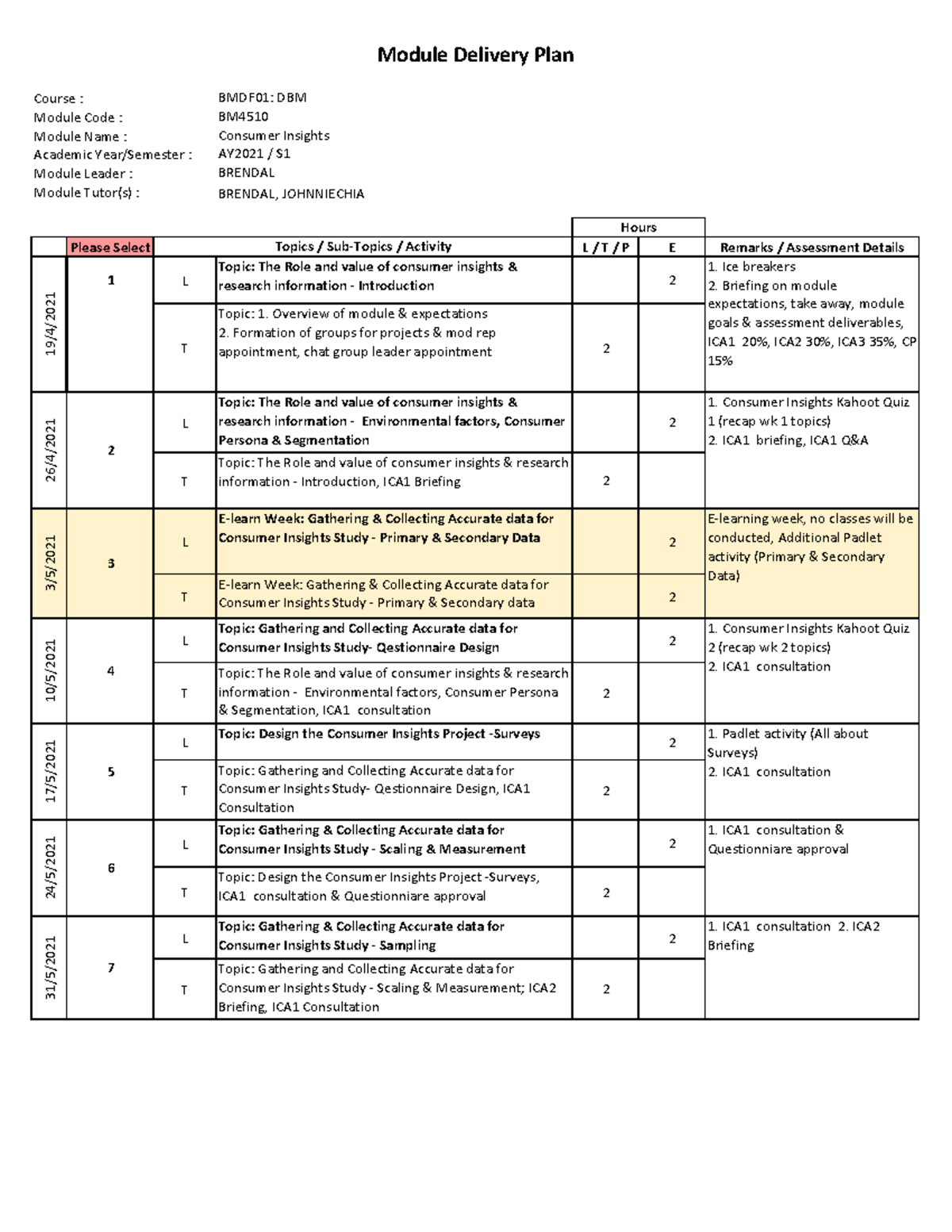 BM4510 Module Delivery Plan - Course : Module Code : Module Name ...