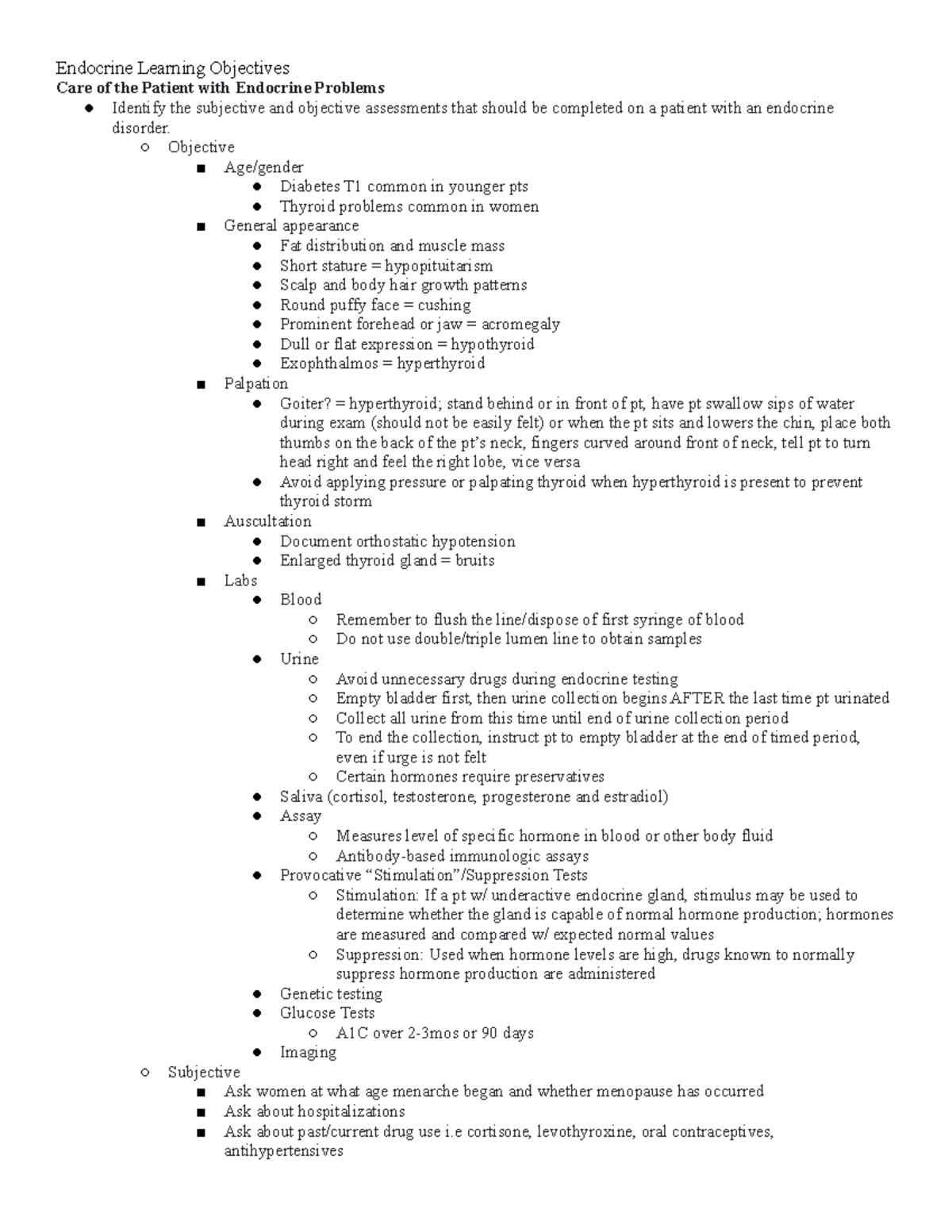 Exam 1 SG - Exam study guide - Endocrine Learning Objectives Care of ...