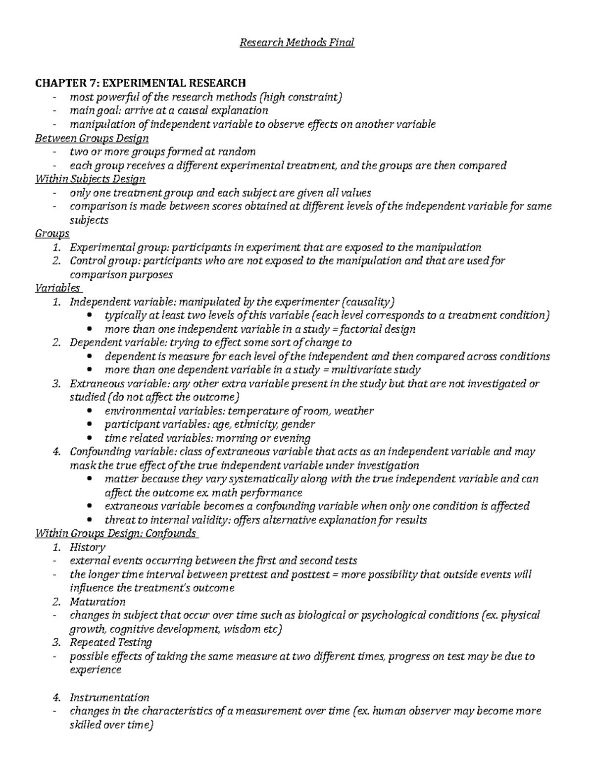 Research Methods Final - Research Methods Final CHAPTER 7: EXPERIMENTAL RESEARCH most powerful ...