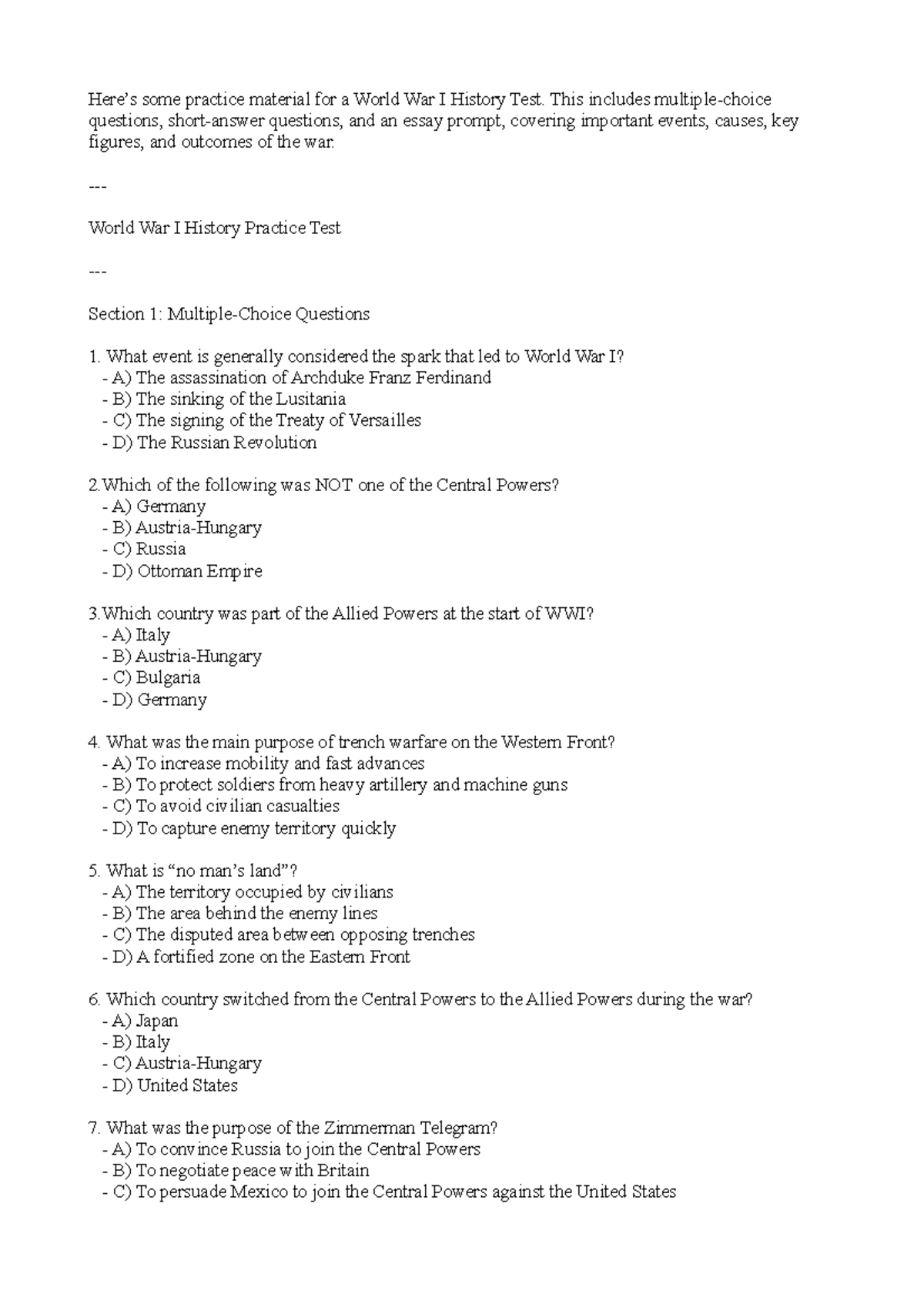 Ww1 test practice material - Here’s some practice material for a World ...