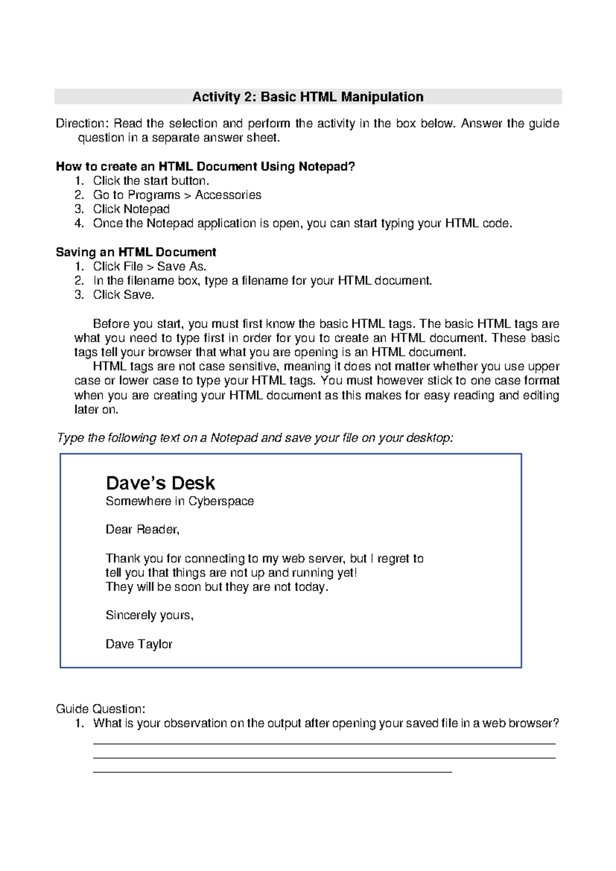 2 A Performance Guided Task For Learners Activity 2 Basic Html Manipulation Direction