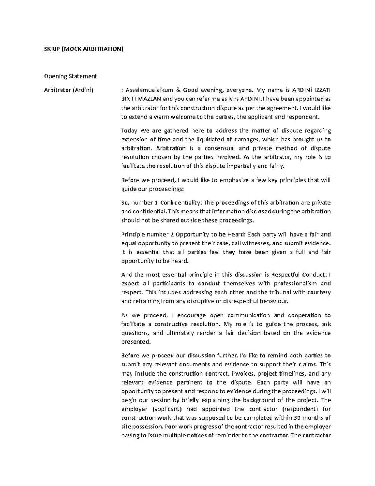 Skrip MOCK Arbitration - SKRIP (MOCK ARBITRATION) Opening Statement ...