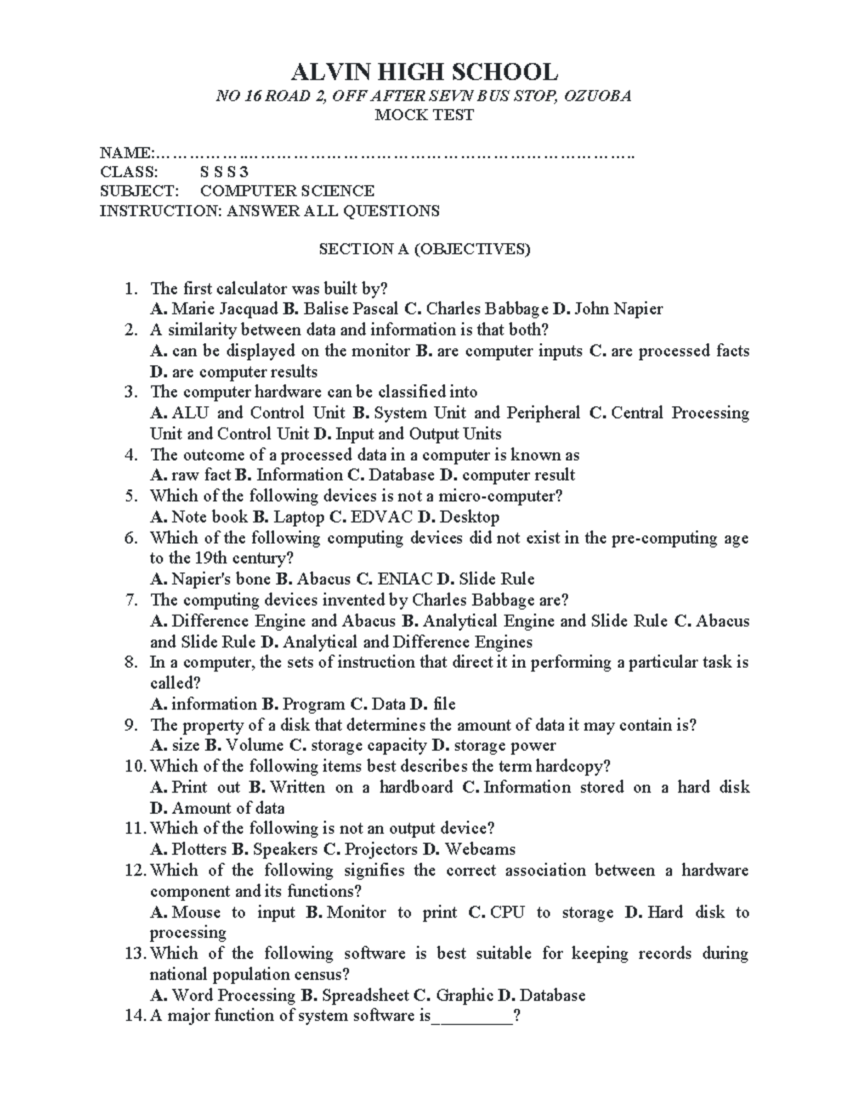 Alvin HIGH School (Computer Science Mock Test SSS3) - ALVIN HIGH SCHOOL ...